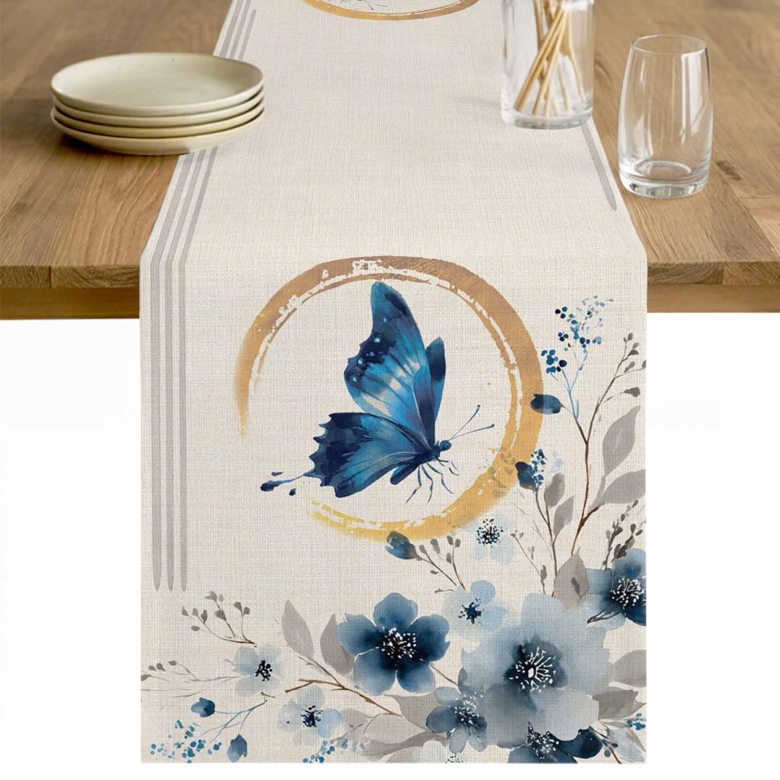 Blue Butterflies Flowers Table Runner - 72 Inch Long Spring Watercolor ...