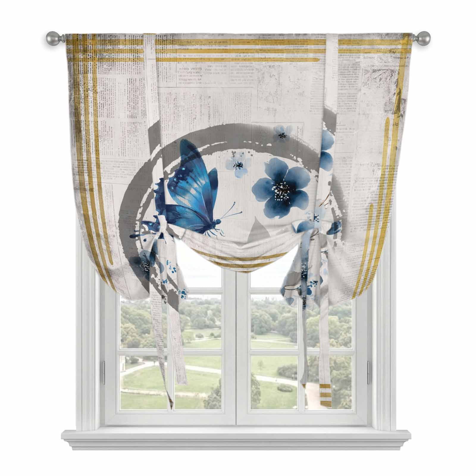 Blue Butterflies Flowers Tie Up Curtains for Window, Thermal Insulated ...