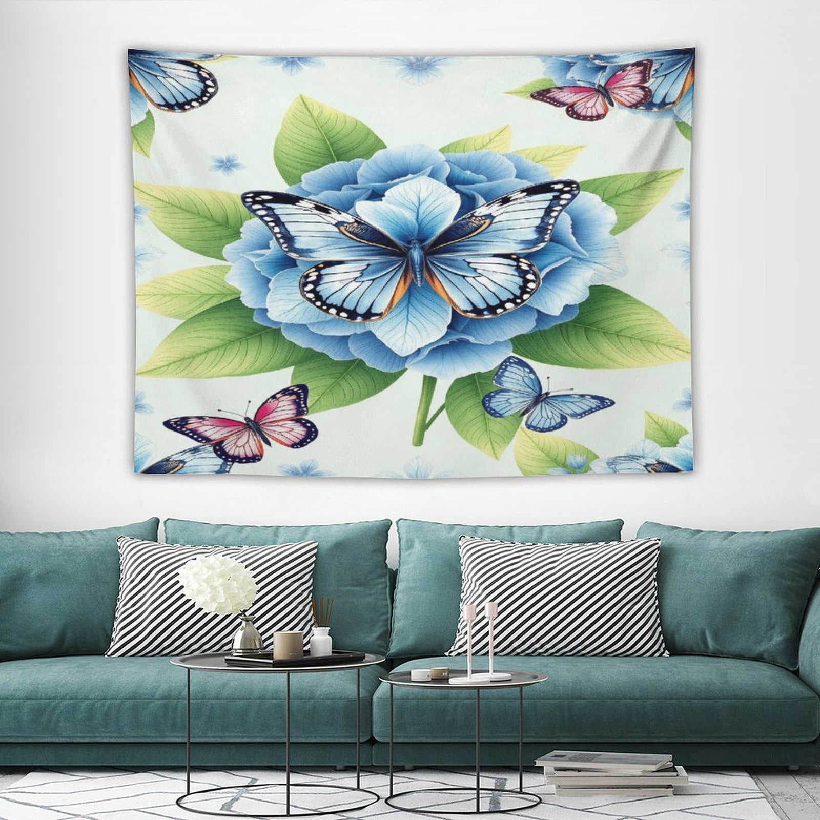 Blue Butterflies Flowers Wall Tapestry Poster Mall Hanging Background ...