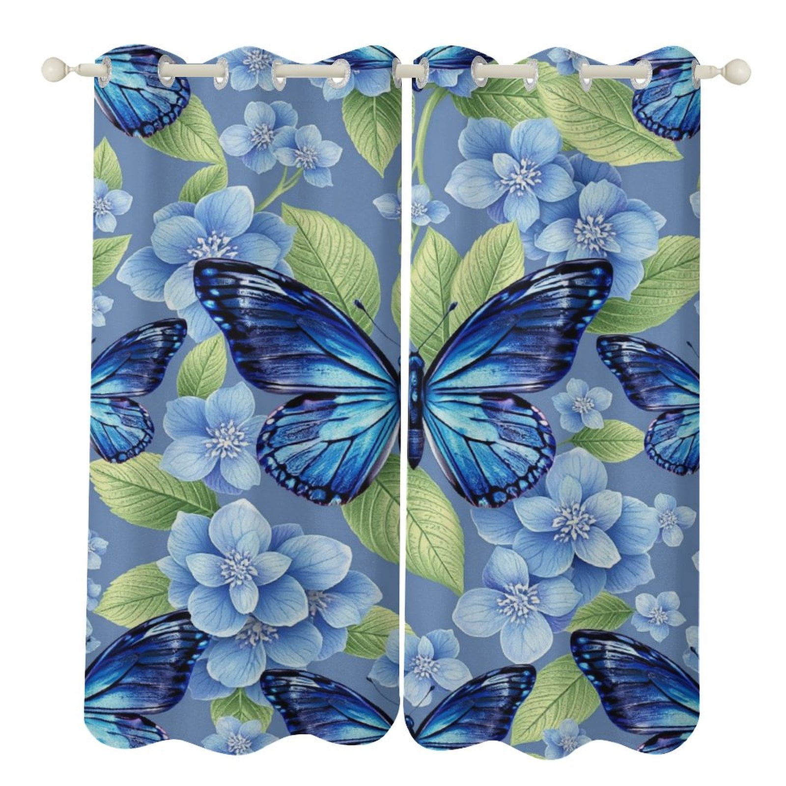Blue Butterflies Flowers Window Drapes For Kids Boys Girls Bedroom ...