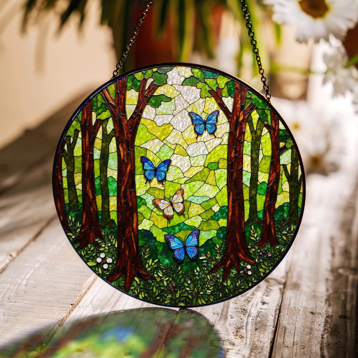 Blue Butterflies Forest Glass Suncatcher, Nature Tree Window Art ...