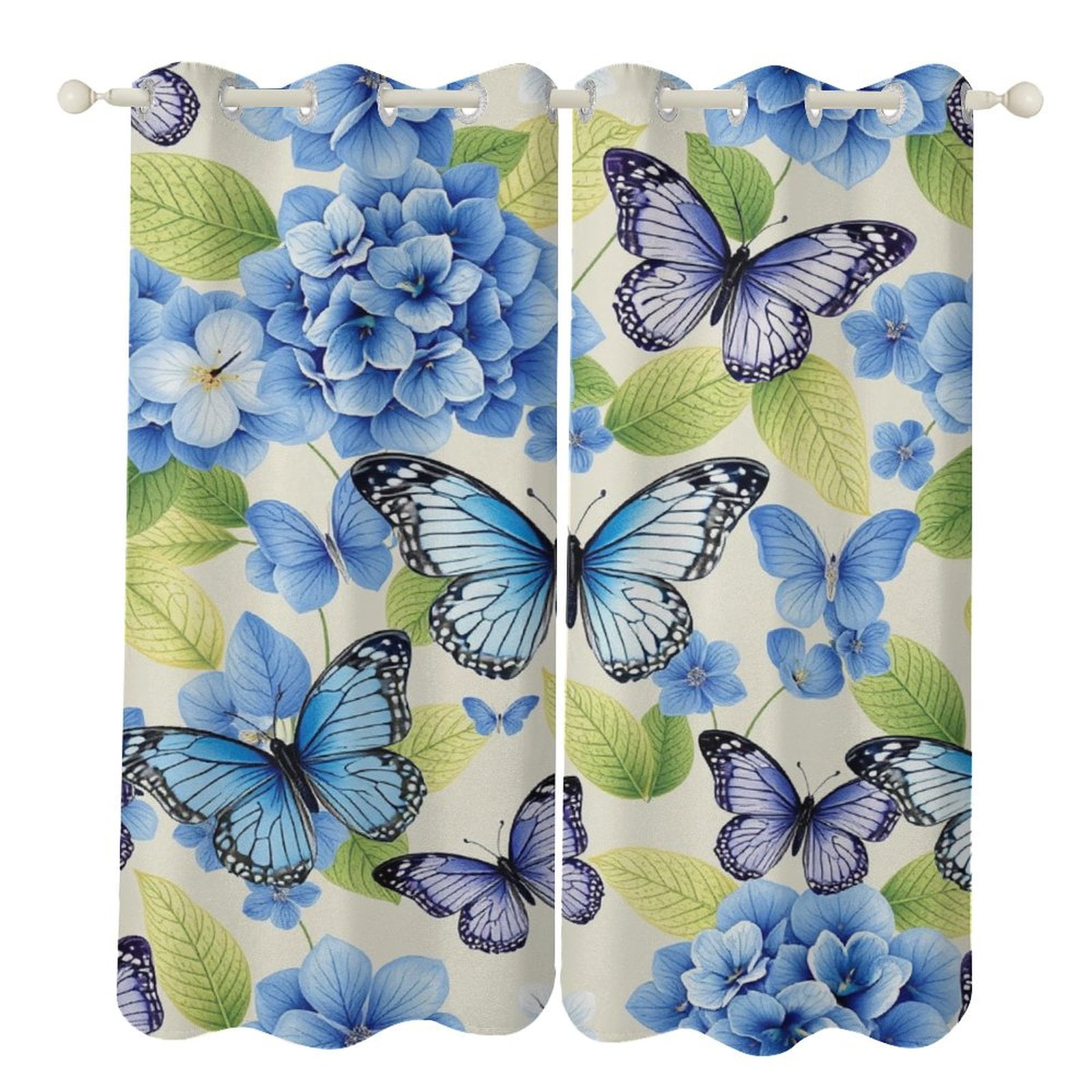 Blue Butterflies Hydrangeas 2 Pieces Window Drape Curtain for Living ...