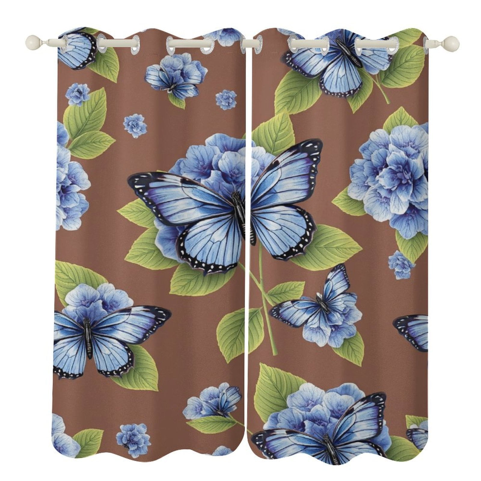 Blue Butterflies Hydrangeas 2 Pieces Window Drape Curtain for Living ...