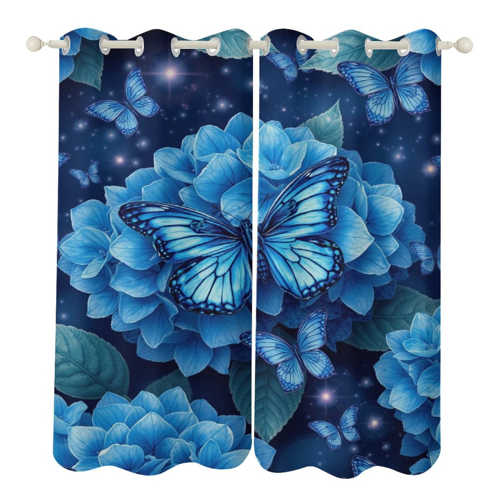Blue Butterflies Hydrangeas 2 Pieces Window Drape Curtain for Living ...