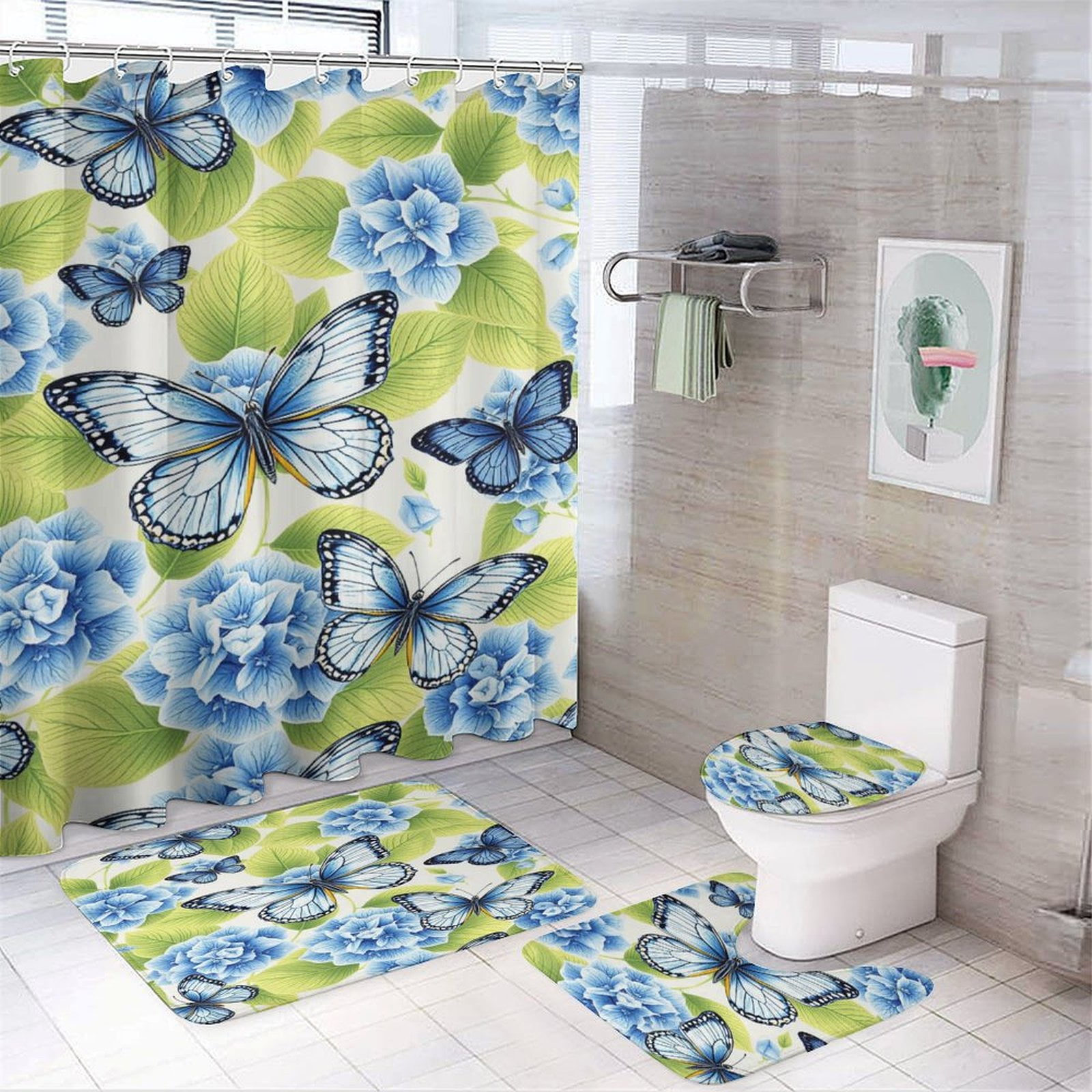 Blue Butterflies Hydrangeas 4 Pieces Shower Curtain Suit Turtle Toilet ...