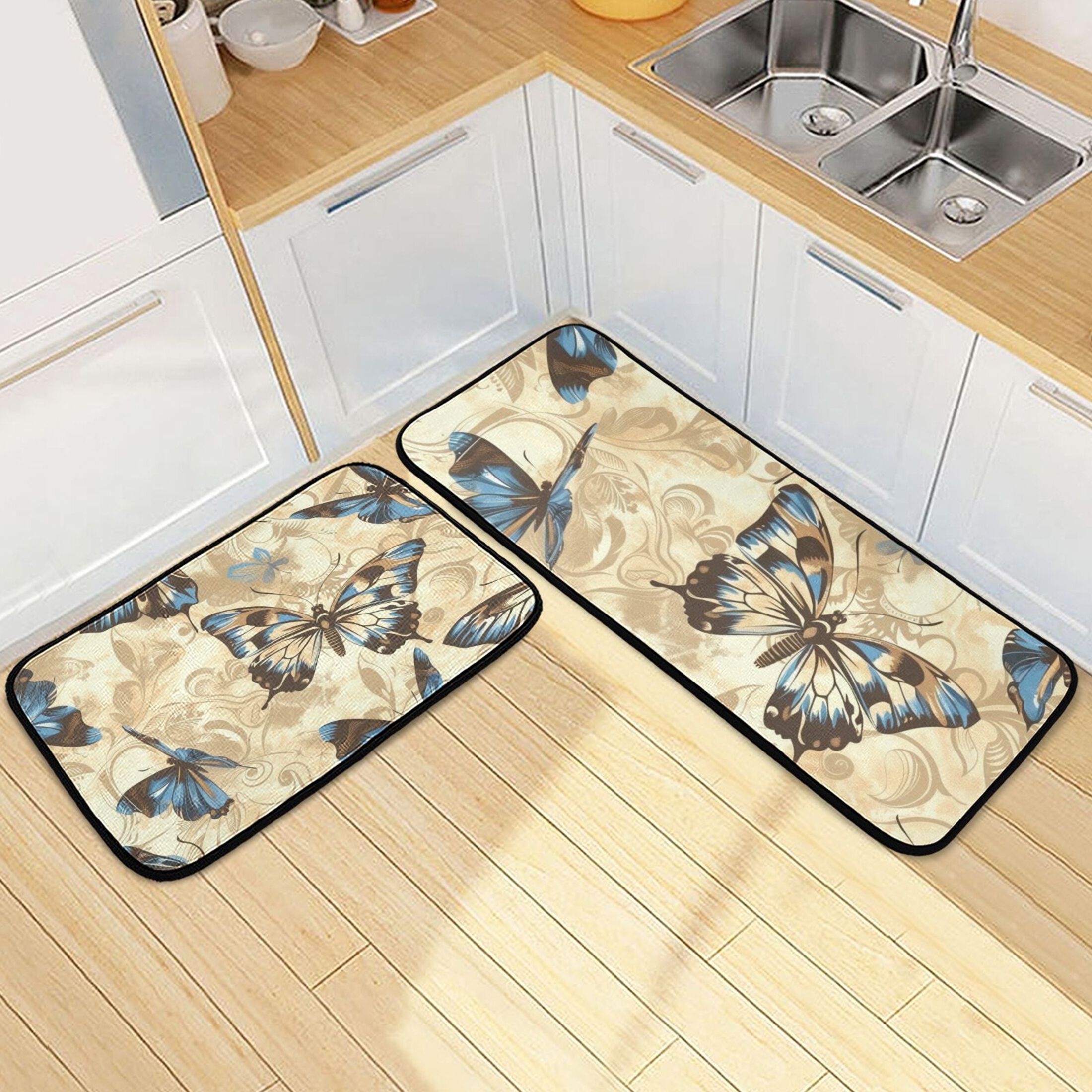 Blue Butterflies Kitchen Rugs Set of 2 Non Slip Floor Foam Mat ...