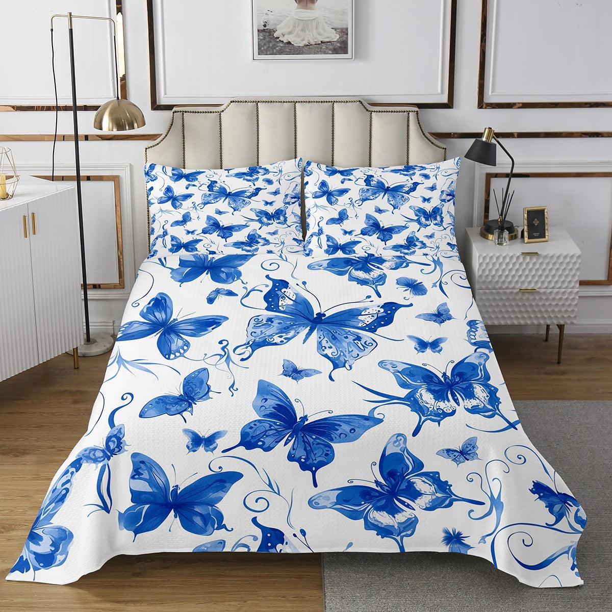 Blue Butterflies Queen Bedspread Set, Vintage Butterfly Animals Quilt ...