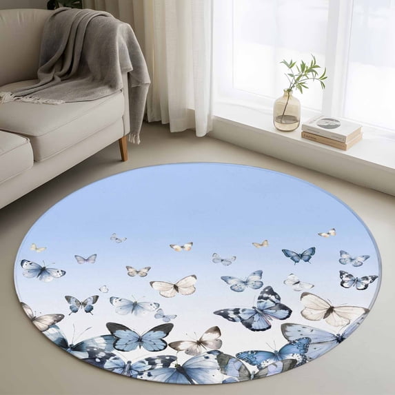 Blue Butterflies Round Rug 3ft Washable Circle Entryway Rugs Non Slip ...