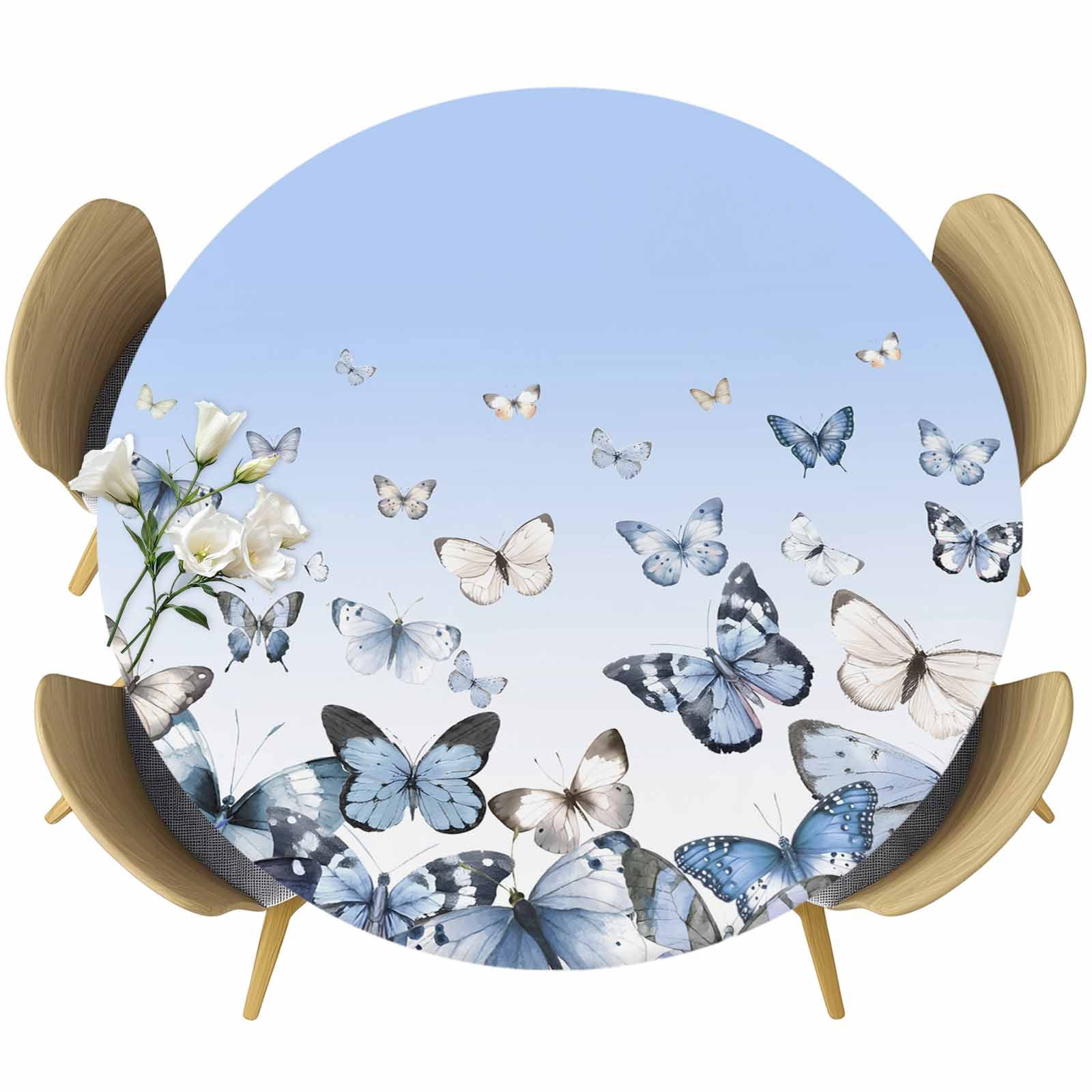 Blue Butterflies Round Tablecloth, Fitted Table Cover with Elastic for ...