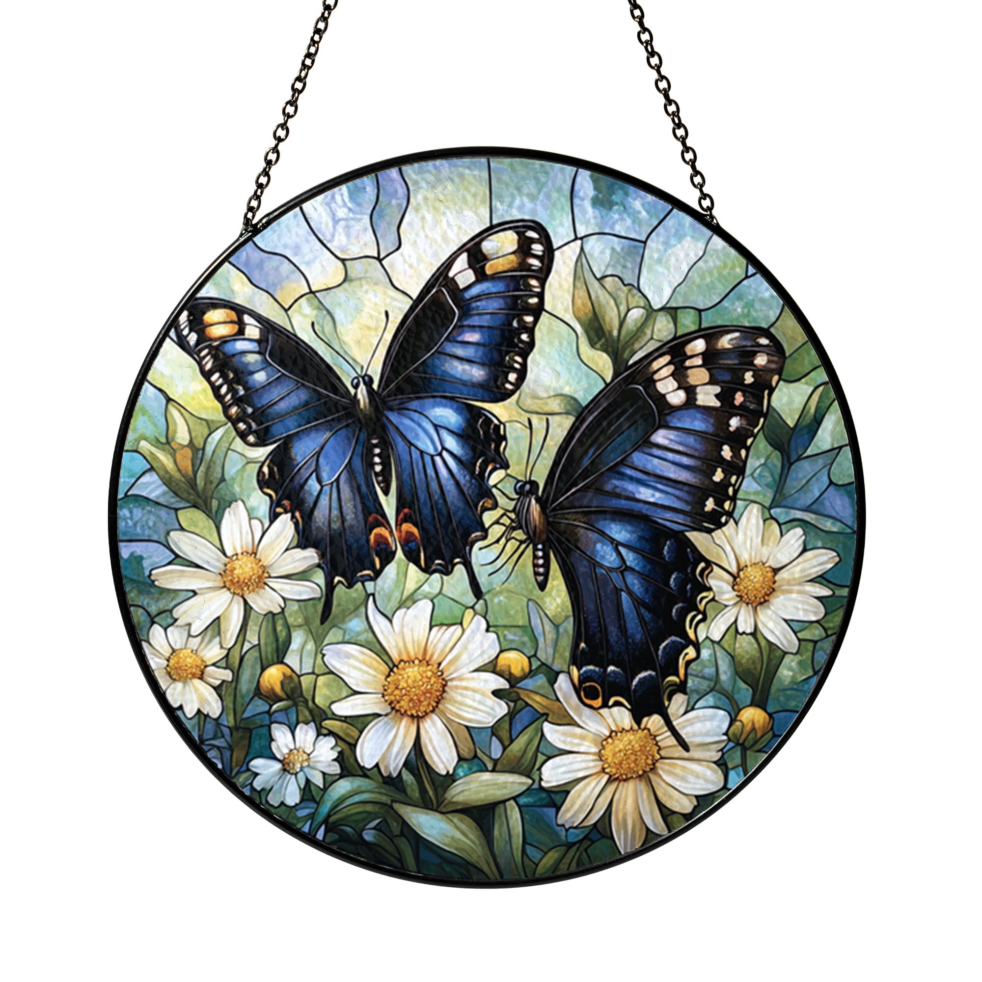 Blue Butterflies Spring Forest Stained Glass Suncatcher Gift for Mom or ...
