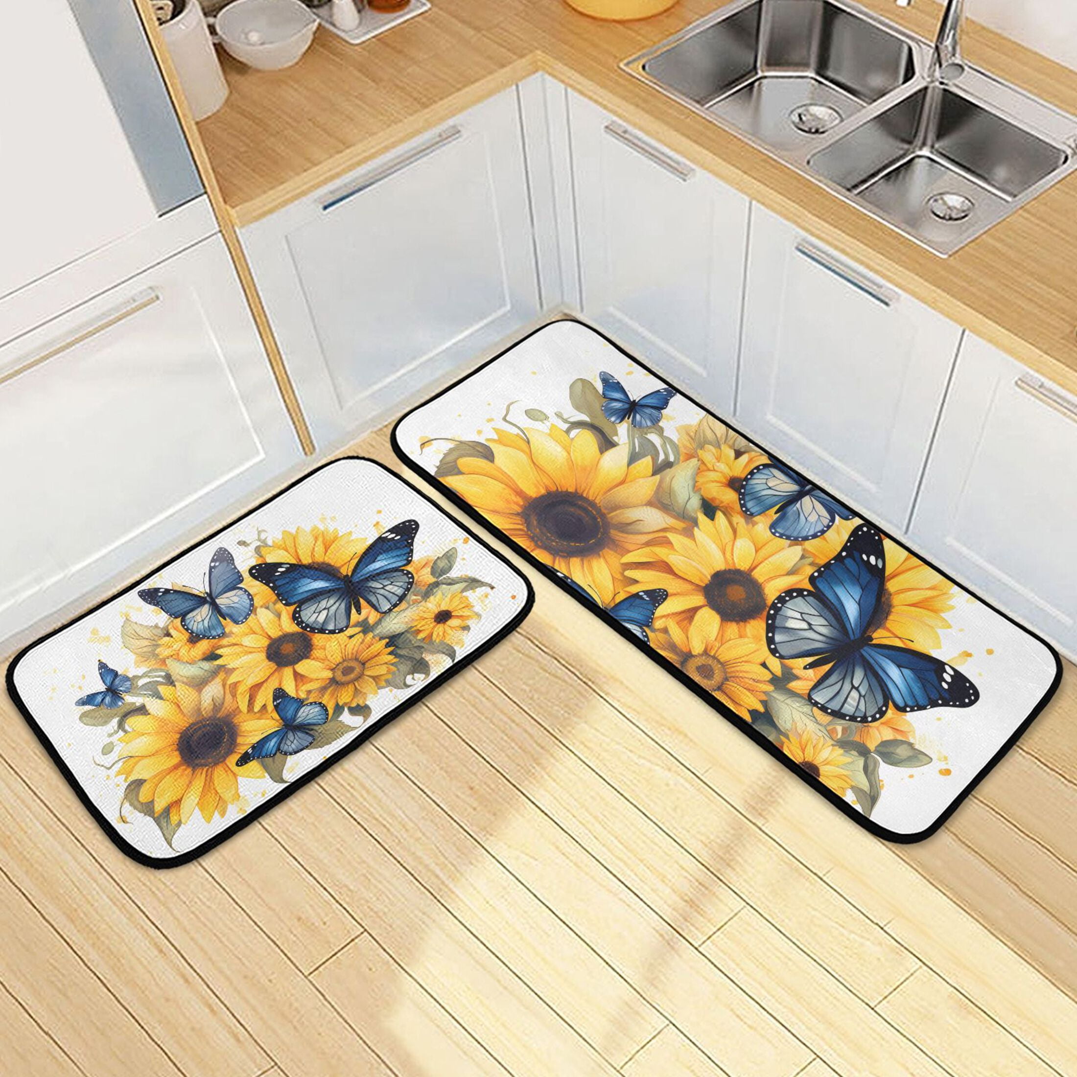 Blue Butterflies in Sunflowers Kitchen Mats Set 2 Piece Non Slip Floor ...
