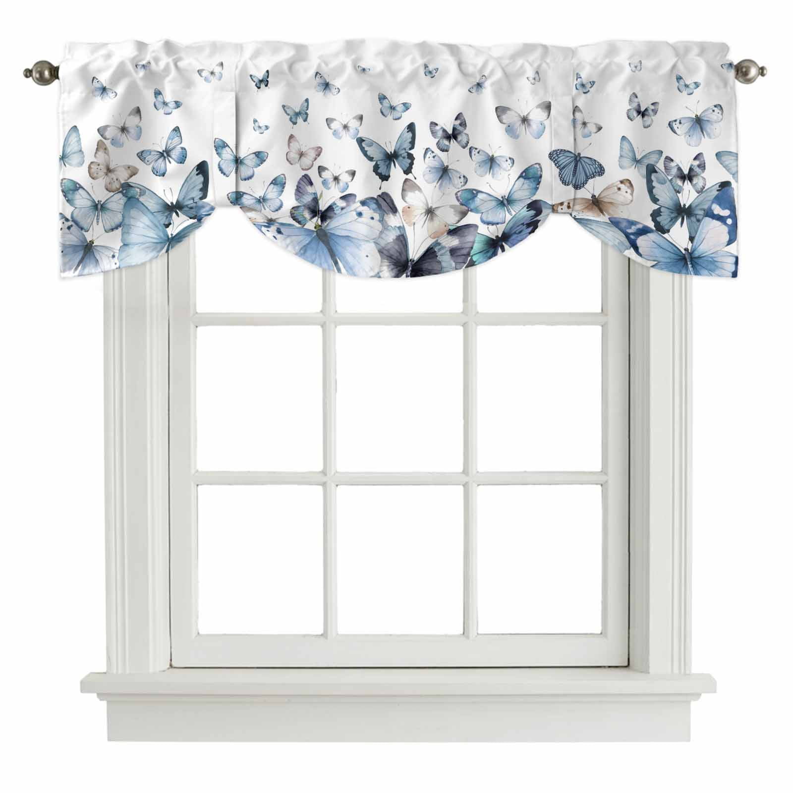 Blue Butterflies Tie Up Valance Curtains for Windows, Kitchen Curtains ...