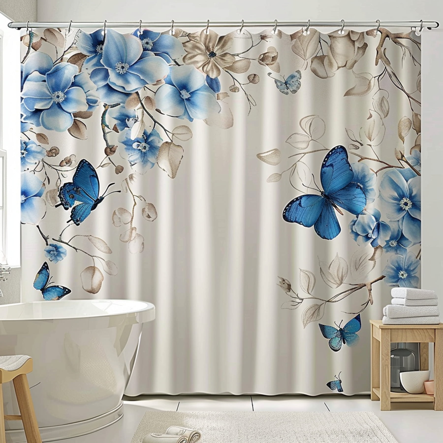 Blue Butterflies And Flowers On Beige Shower Curtain White Background White And Blue Color