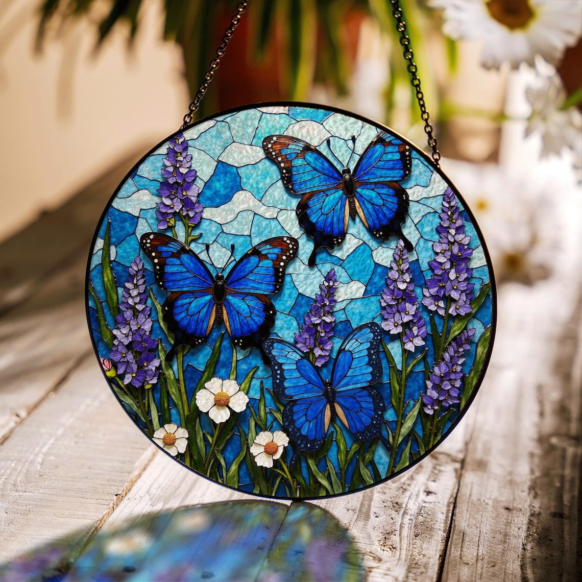 Blue Butterflies and Lavender Garden Glass Suncatcher, Round, for Mom ...