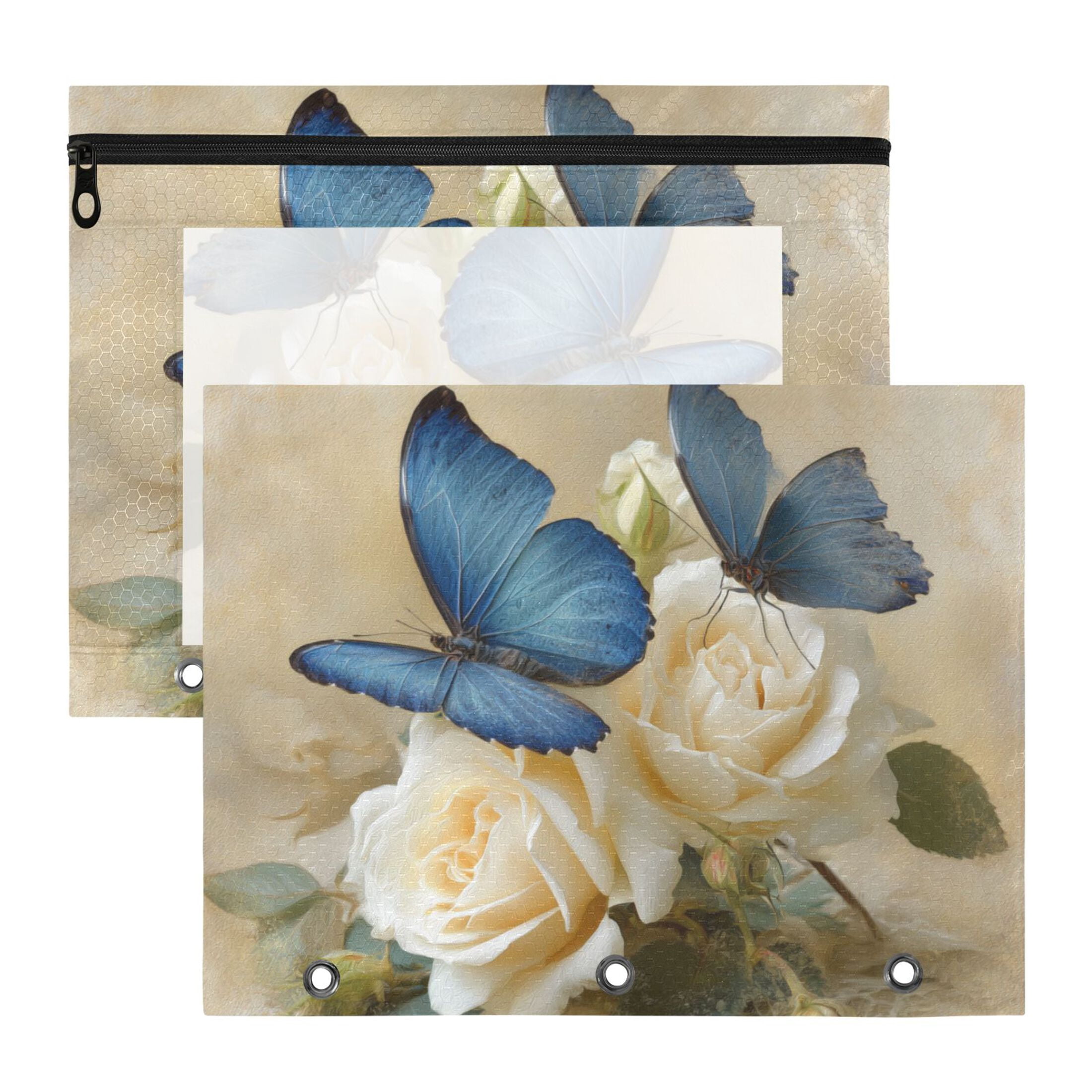 Blue Butterflies on White Roses Retro 3-Ring Binder Pocket with Zipper ...