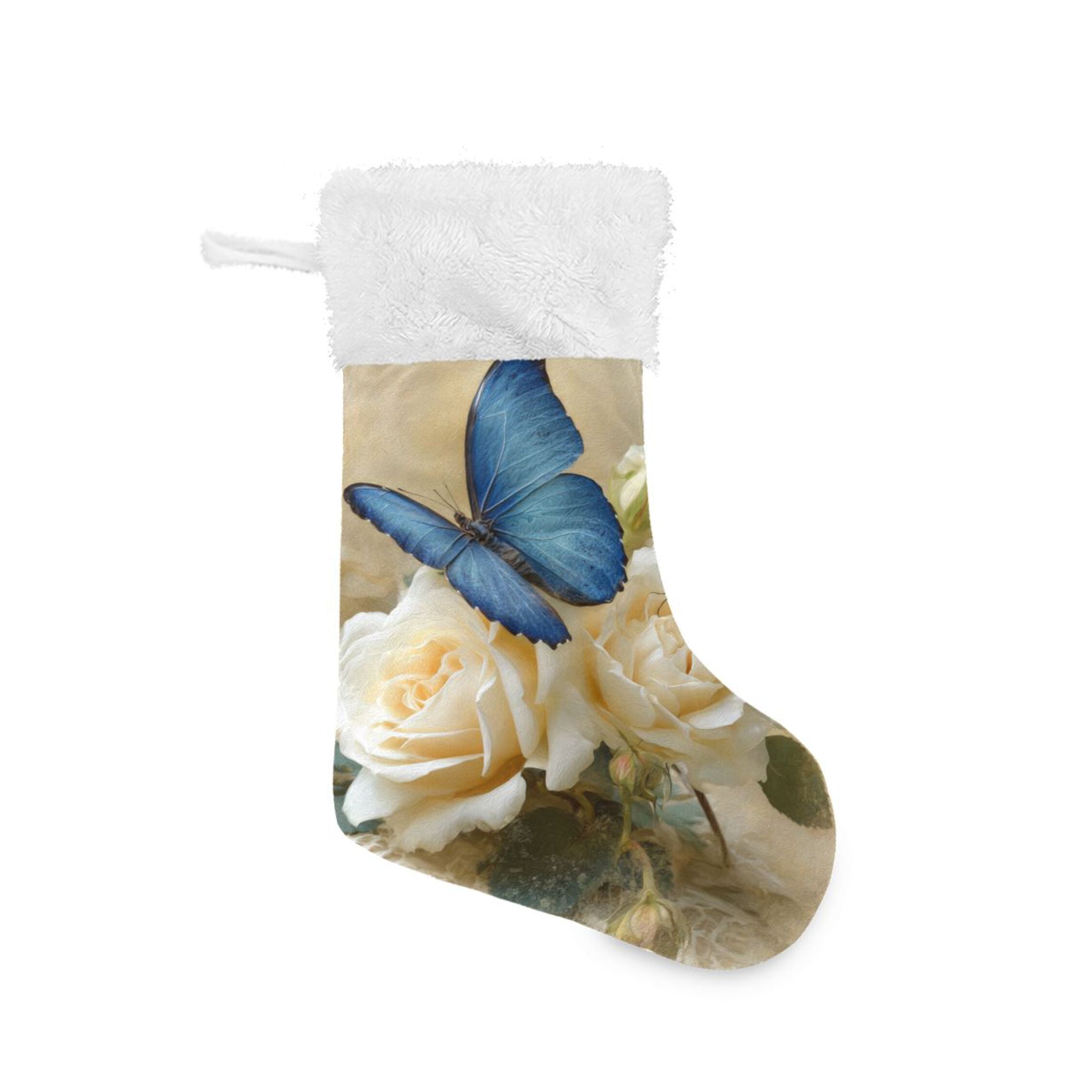 Blue Butterflies on White Roses Retro Christmas Stockings Large ...