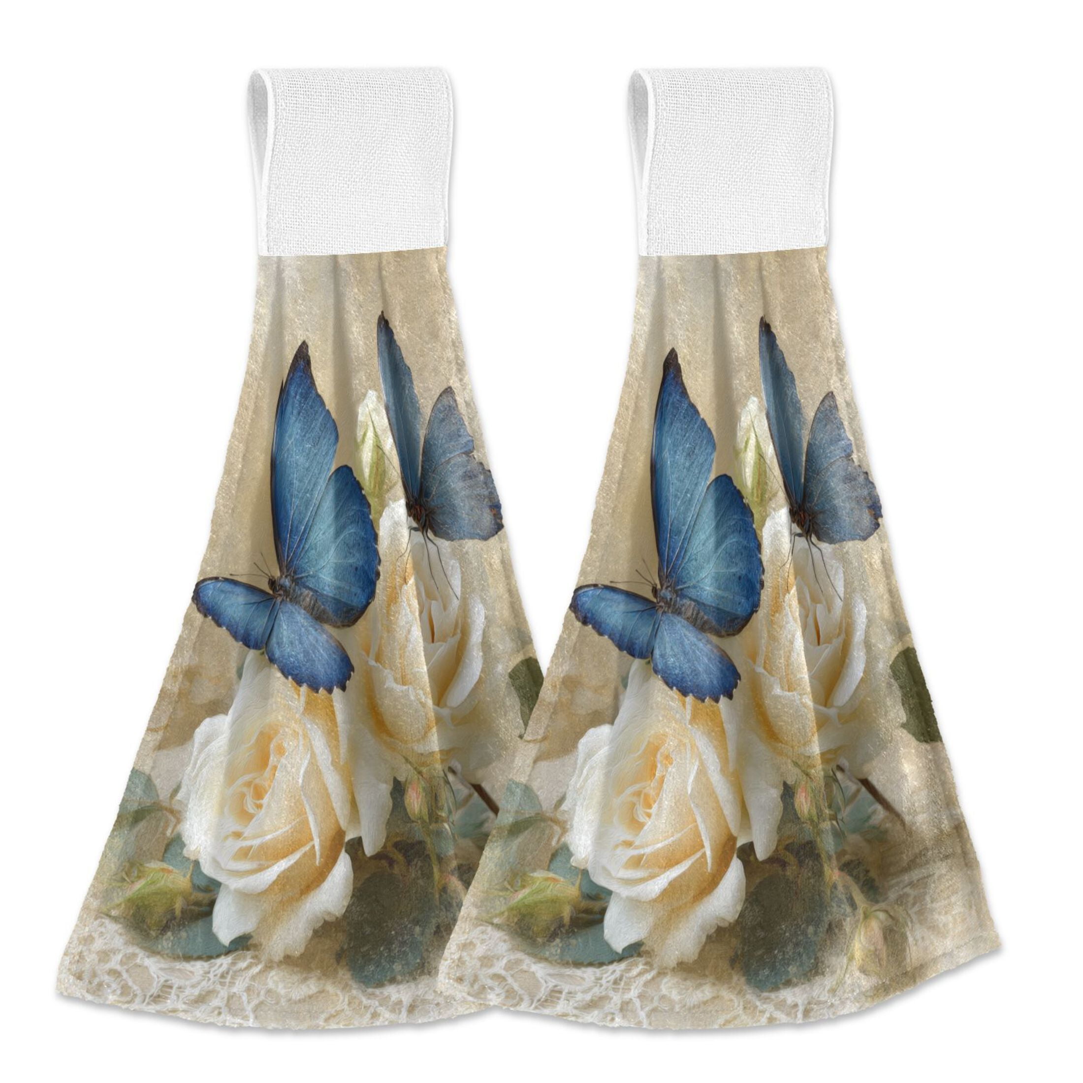 Blue Butterflies on White Roses Retro Hanging Towels with Loop Hand ...