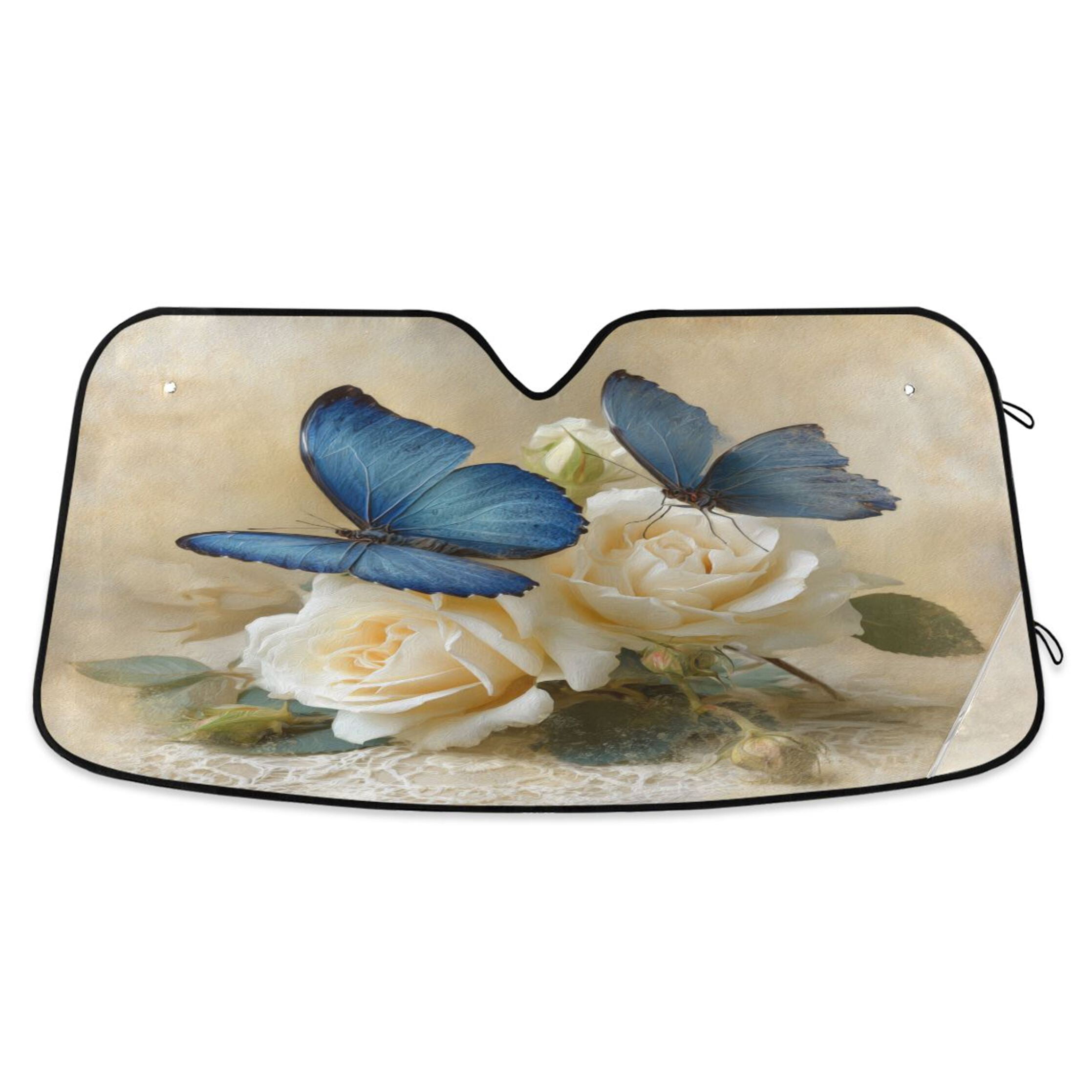 Blue Butterflies on White Roses Retro Windshield Sun Shade Automobile ...