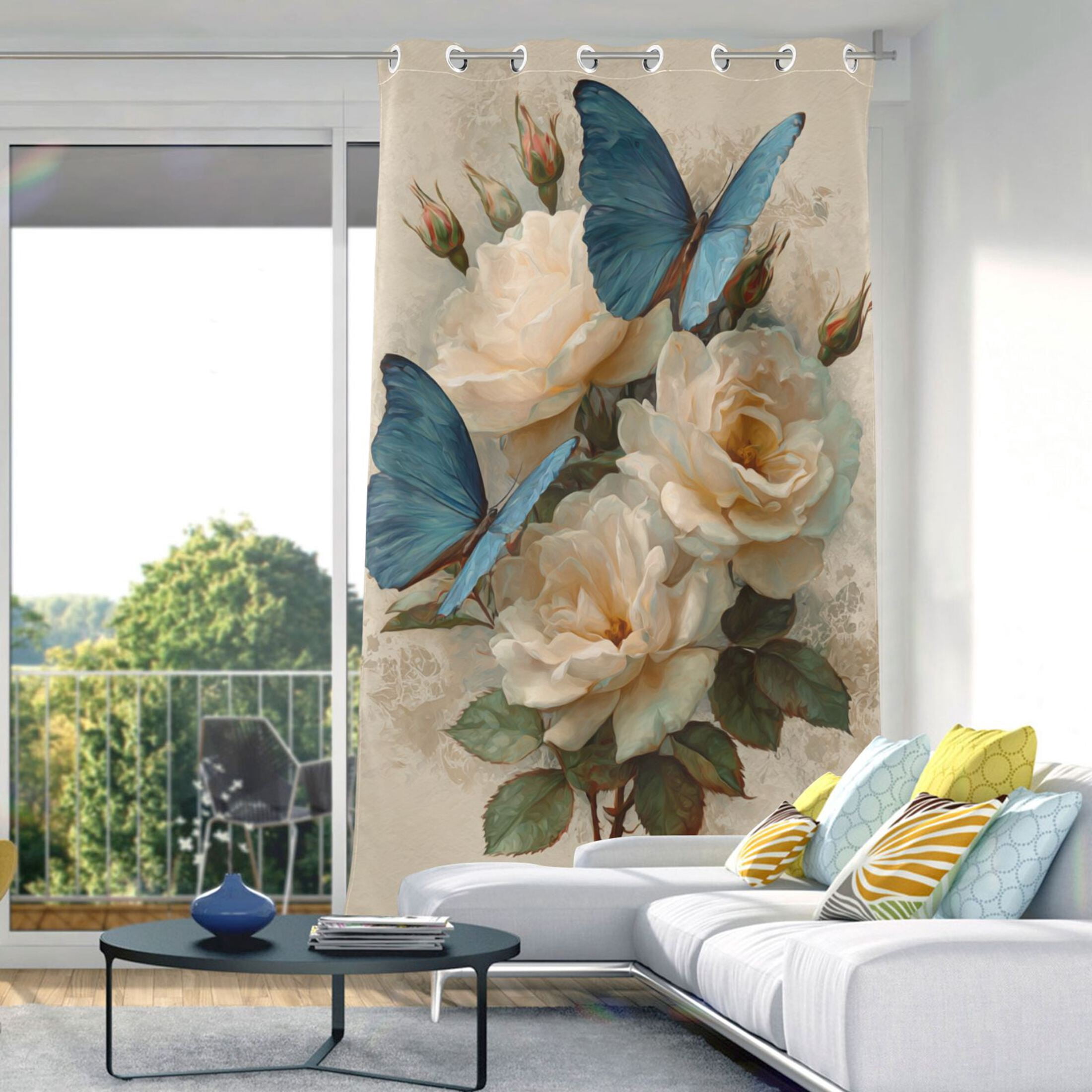 Blue Butterflies with Elegant White Roses Curtain Light Filtering ...