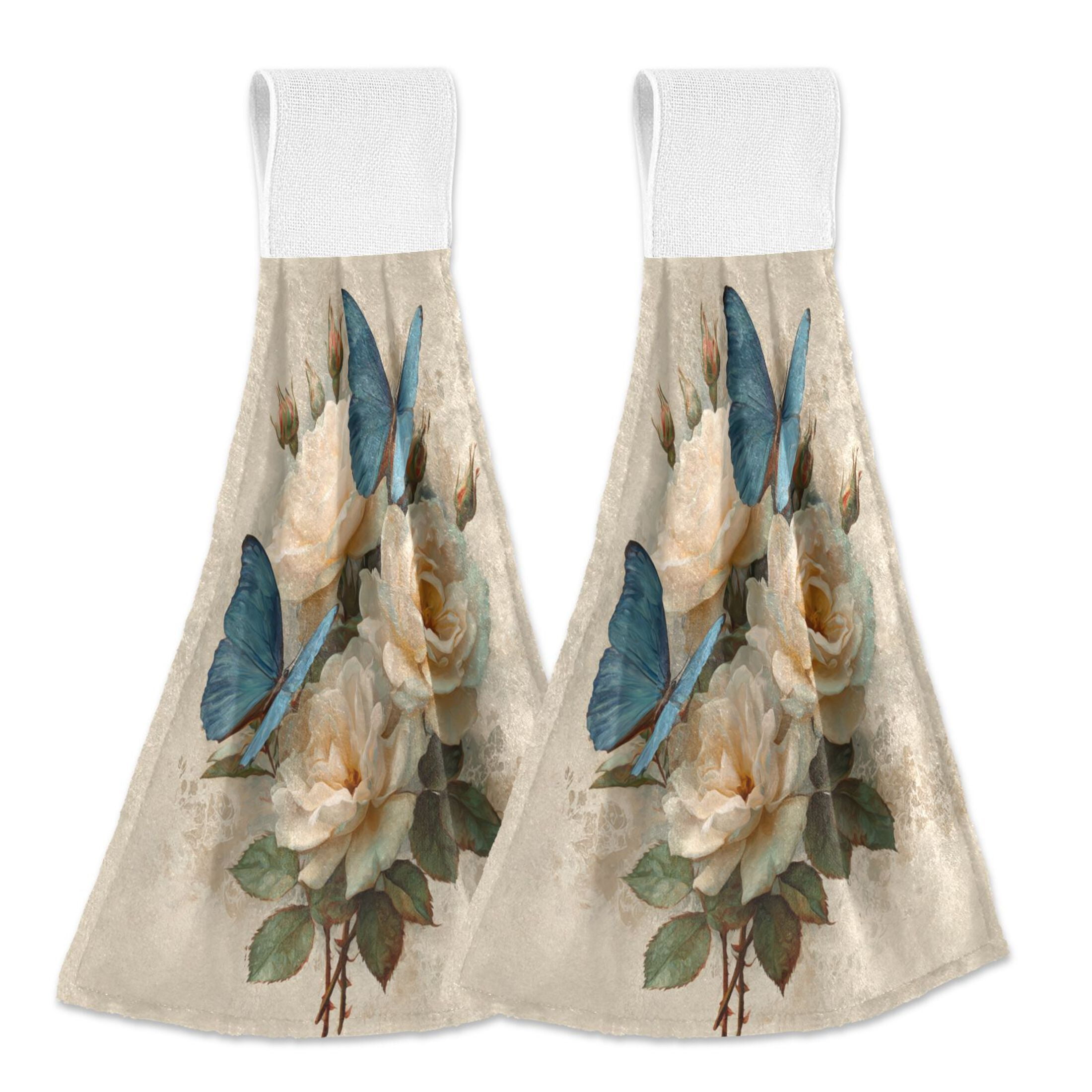 Blue Butterflies with Elegant White Roses Hanging Towels with Loop Hand ...