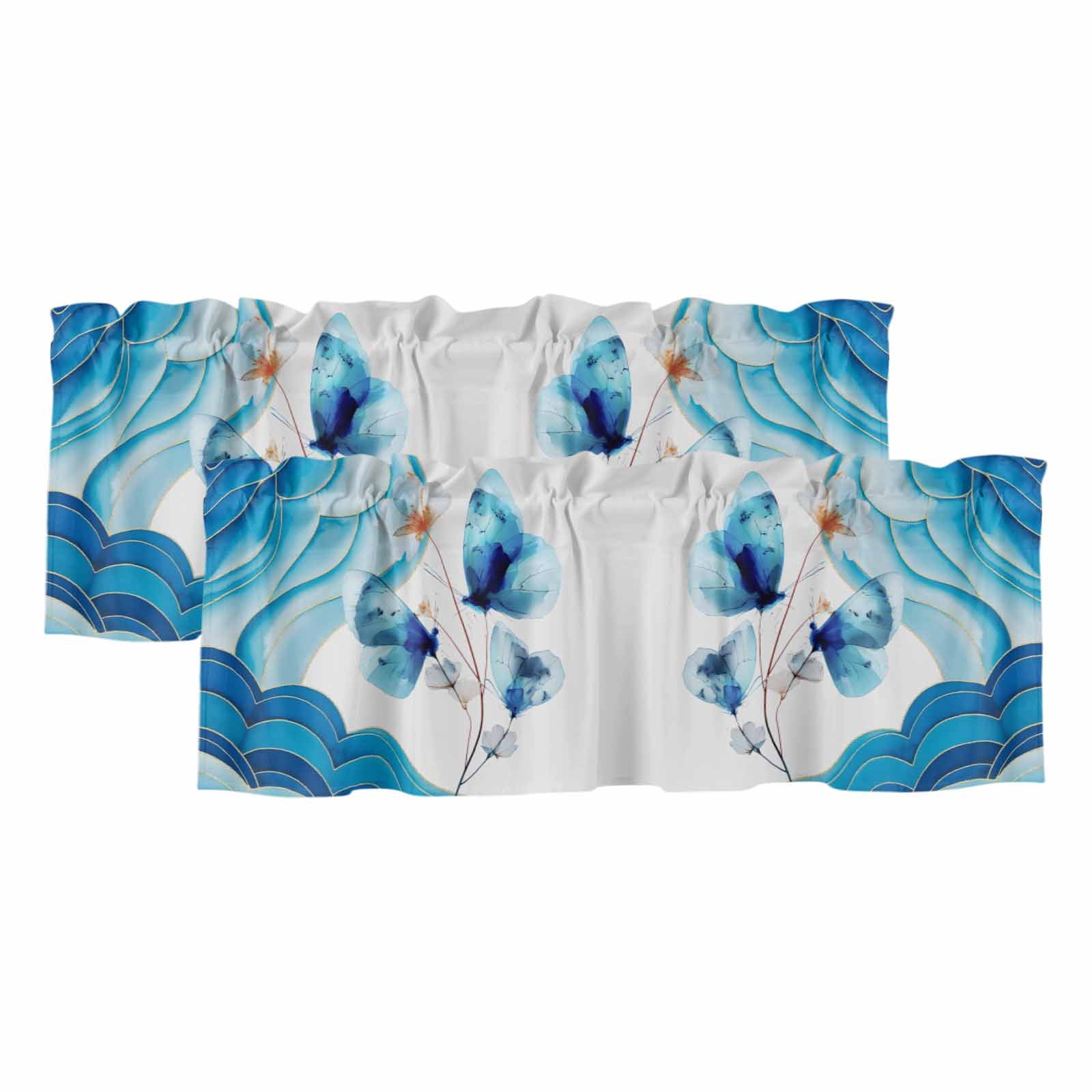 Blue Butterfly 2 Panels Kitchen Valance, Watercolor White Flowers Ocean ...