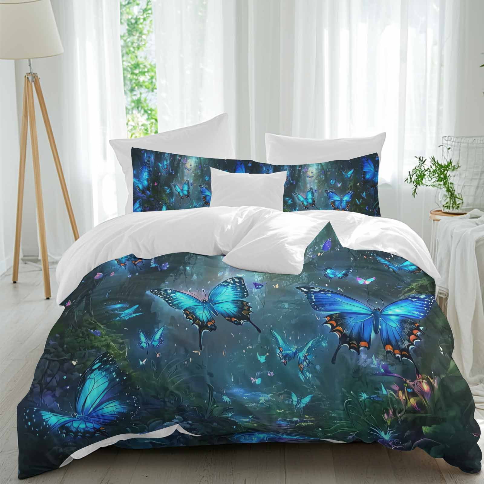 Blue Butterfly 4 Piece Duvet Cover Set Full Size Shiny Dream Flower ...