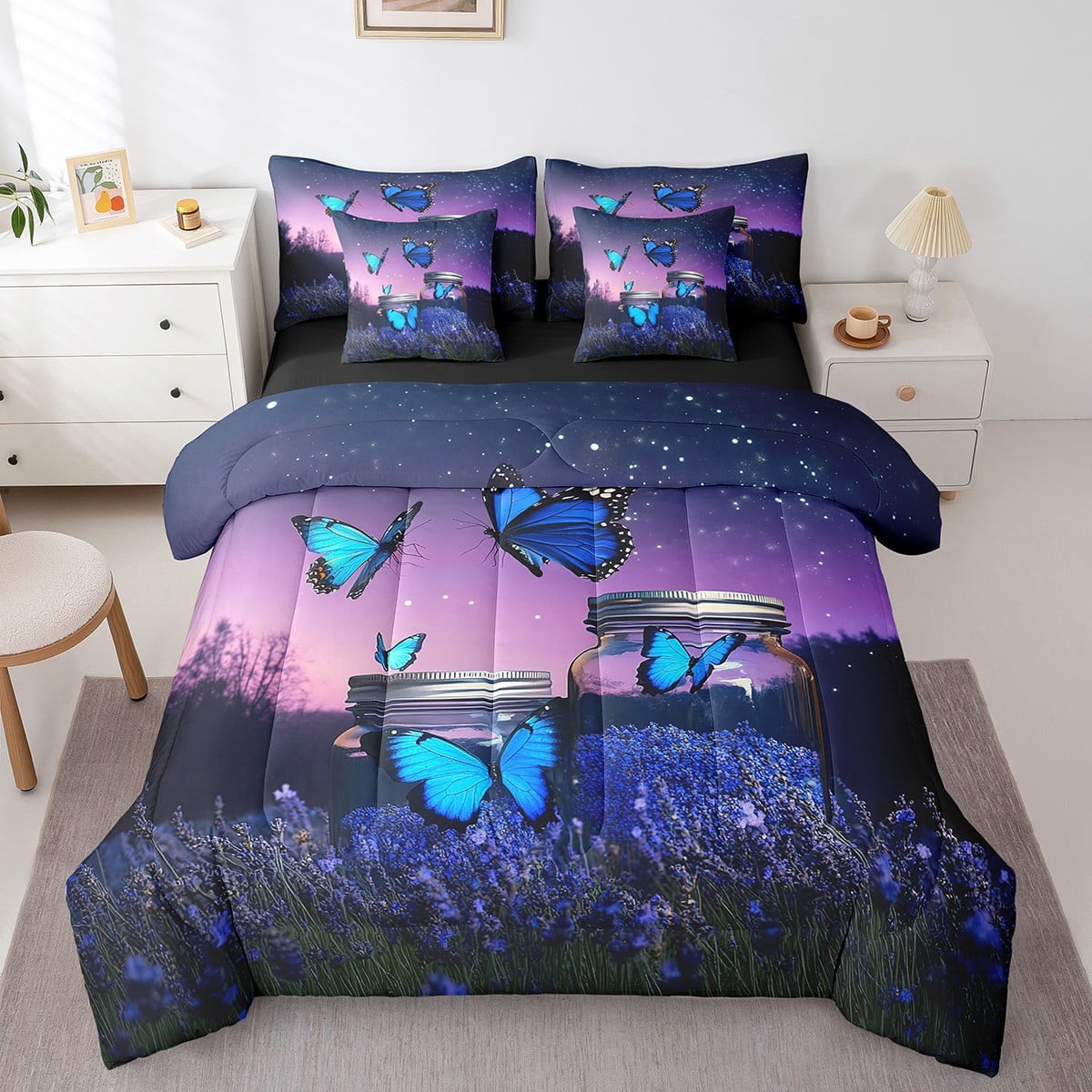Blue Butterfly 7 Pcs Full Bed In A Bag Purple Lavender Bedding Set ...