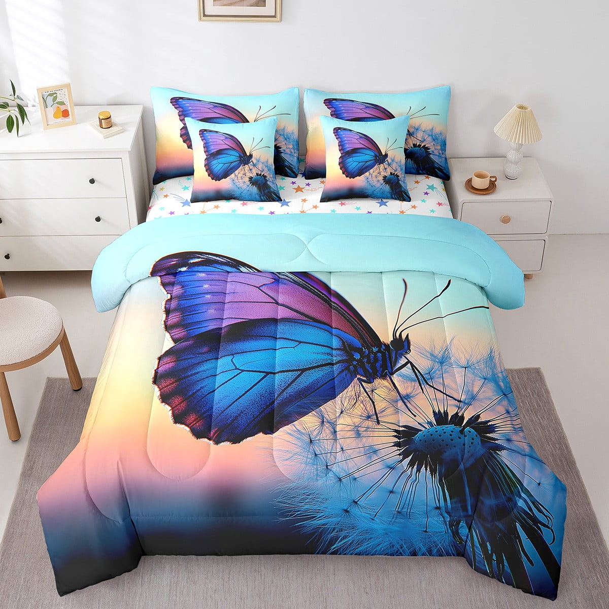 Blue Butterfly 7 Piece Comforter Set Full Bed in a Bag,Dandelion ...