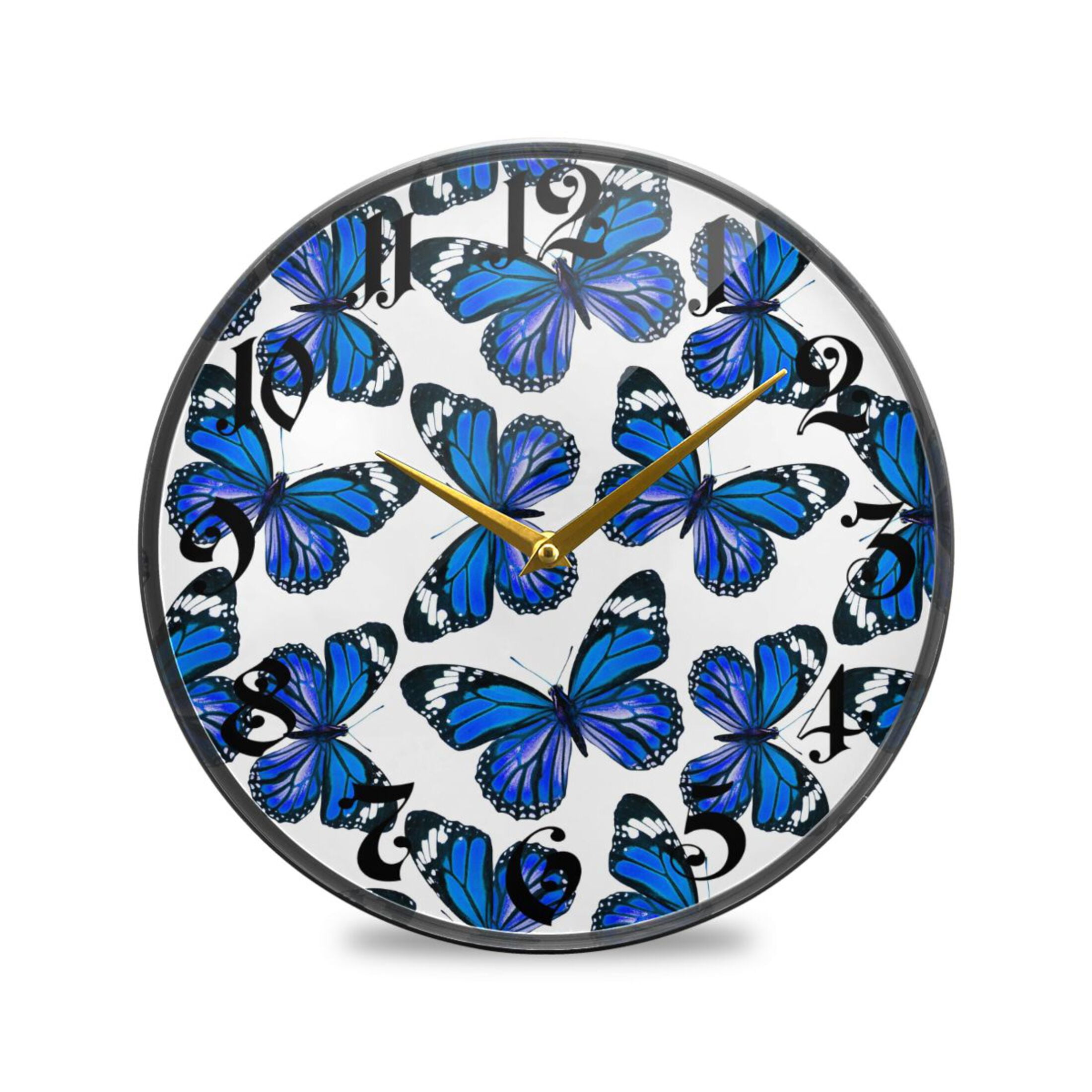 Blue Butterfly Acrylic Wall Clocks Quiet Round Clock Battery Operated Non-Ticking Clock for ...