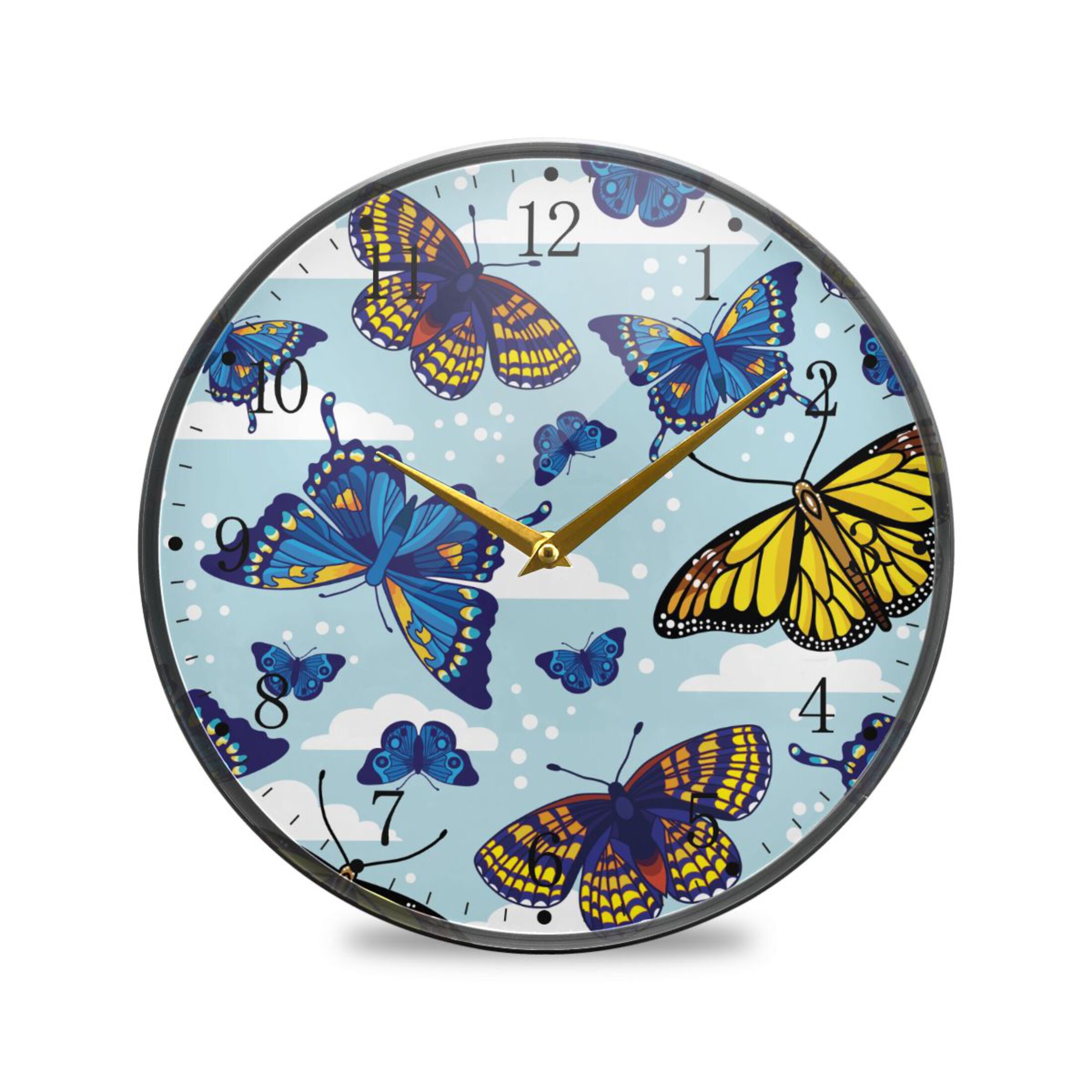 Blue Butterfly Acrylic Wall Clocks Quiet Round Clock Battery Operated ...