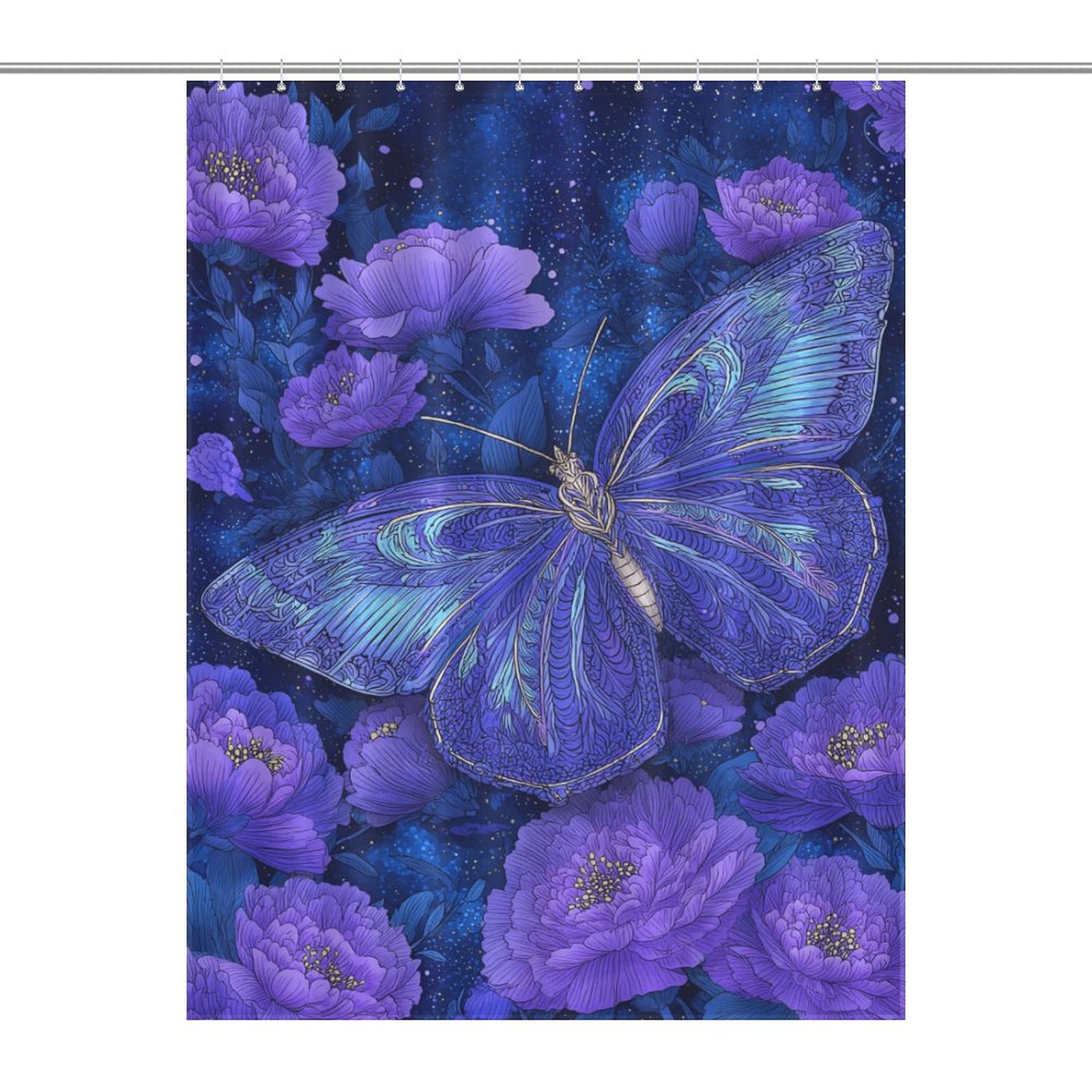 Blue Butterfly Among Purple Flowers Cosmos Shower Curtain , Enchanted ...