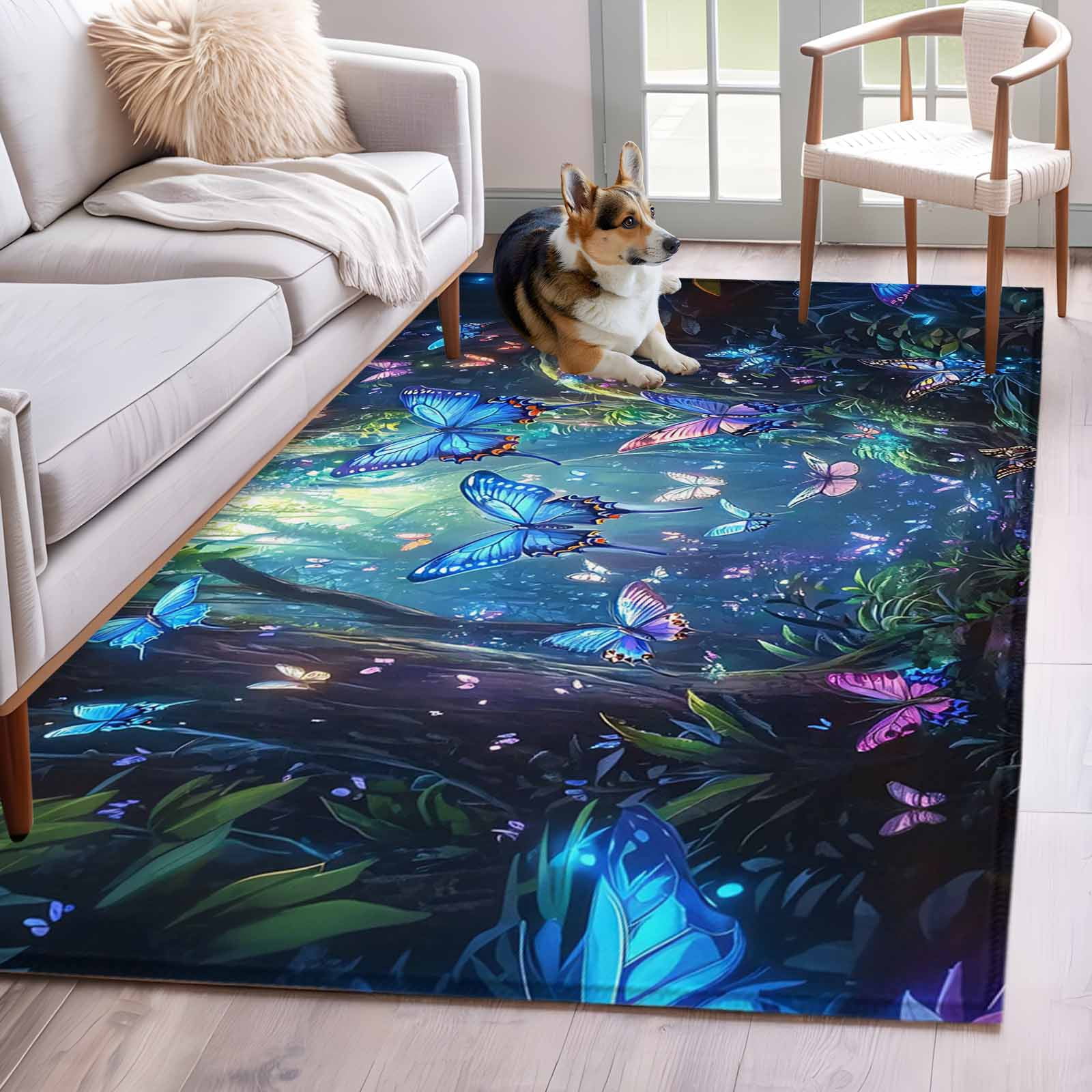 Blue Butterfly Area Rug 3x5 Washable Rug Non Slip Modern Art Forest ...