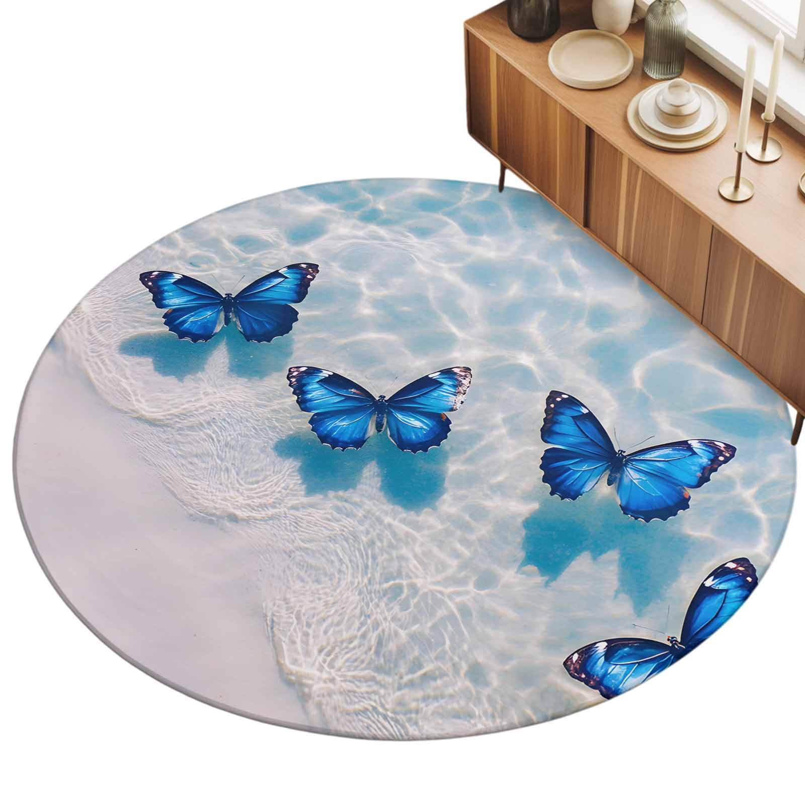 Blue Butterfly Area Rugs 4' (Round) Ocean Water Floor Rug Non Slip Low ...