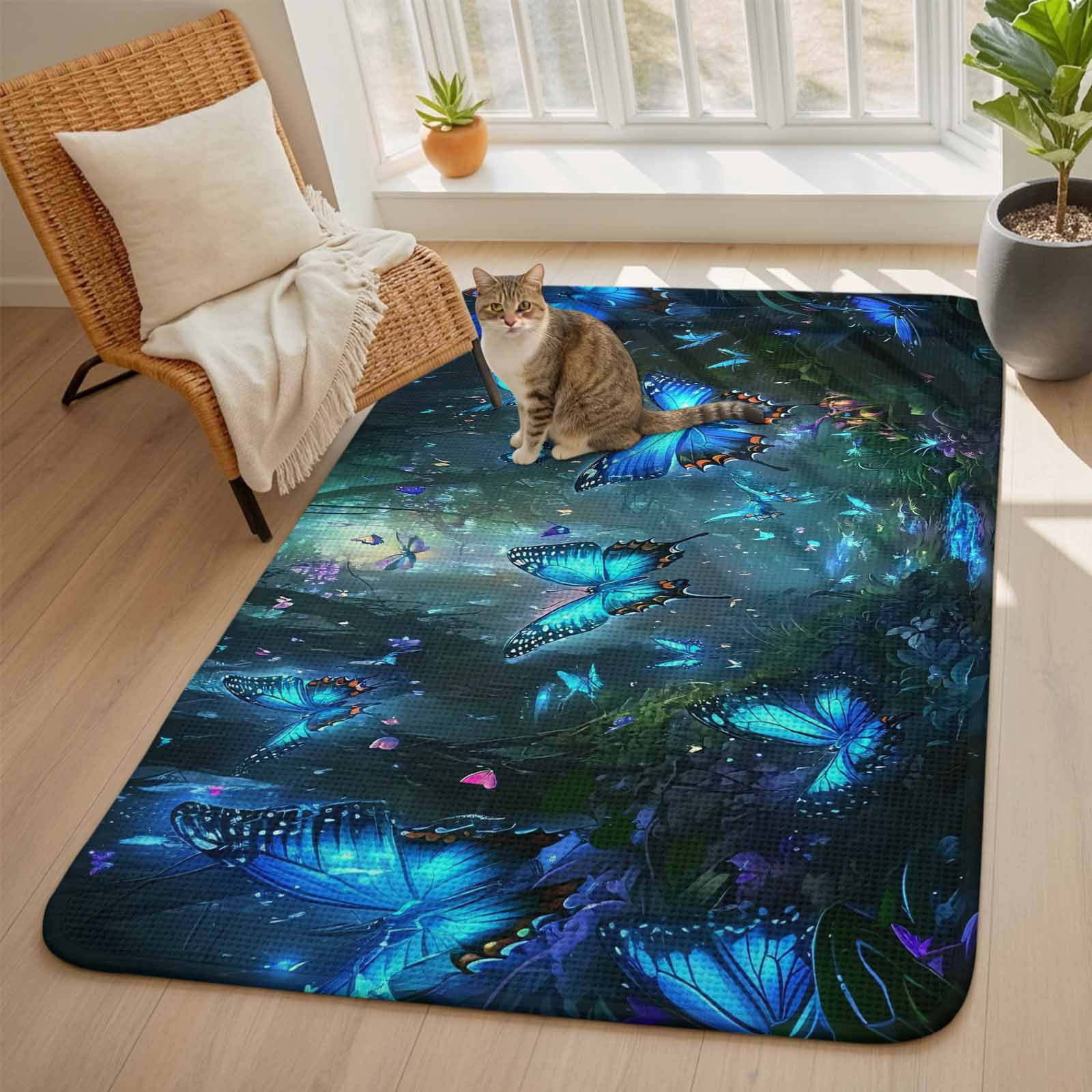 Blue Butterfly Area Rugs for Living Room 5x7, Shiny Dream Flower Forest ...