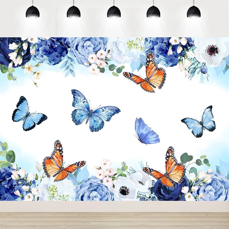 Blue Butterfly Backdrop Blue Rose and White Floras Birthday Backdrop ...
