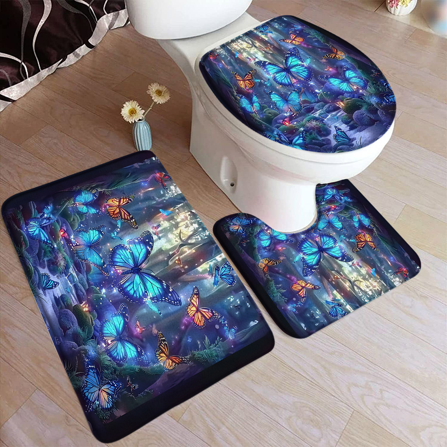 Blue Butterfly Bath Mat Set Fantasy Forest Plant Butterflies Landscape ...