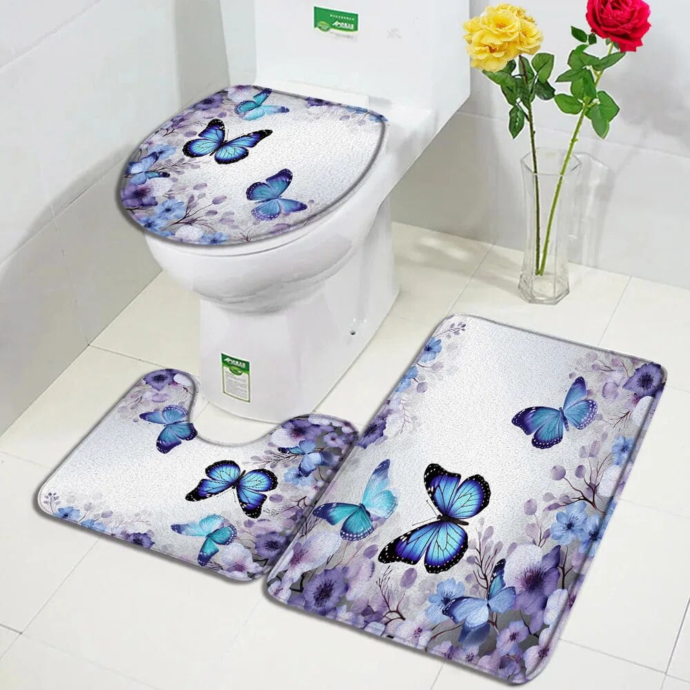 Blue Butterfly Bath Mat Set Watercolour Floral Plant Flannel Home ...