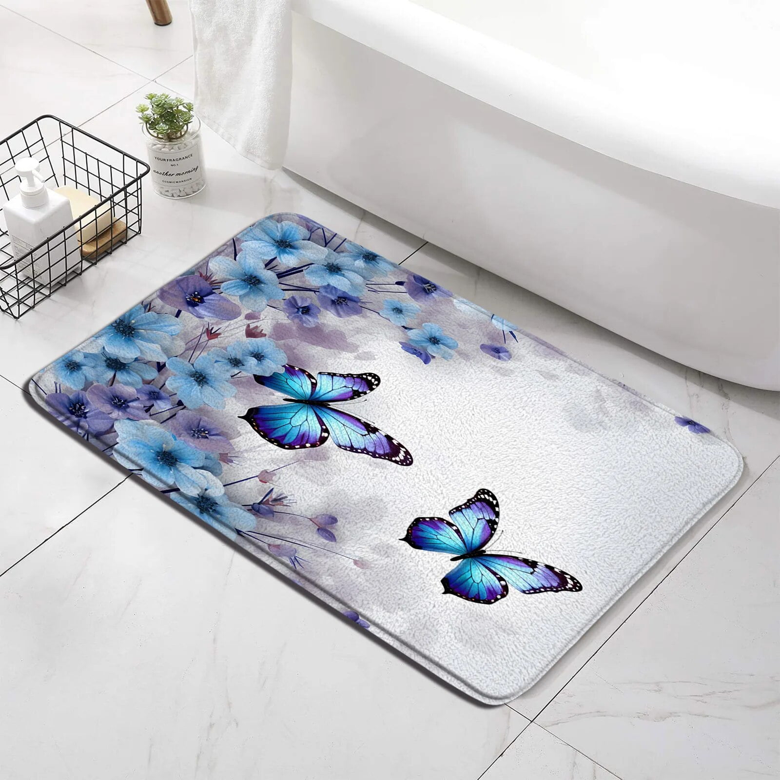 Blue Butterfly Bath Mat Set Watercolour Floral Plant Flannel Home ...