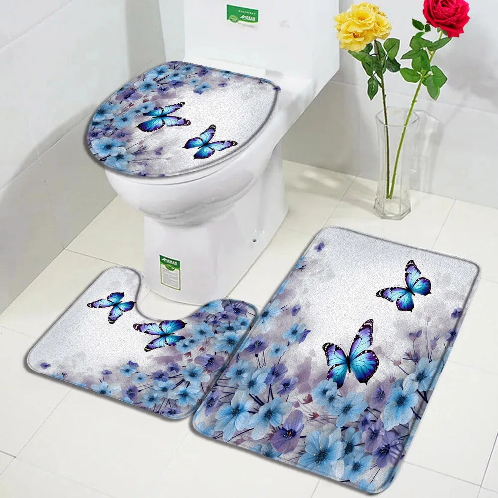 Blue Butterfly Bath Mat Set Watercolour Floral Plant Flannel Home ...