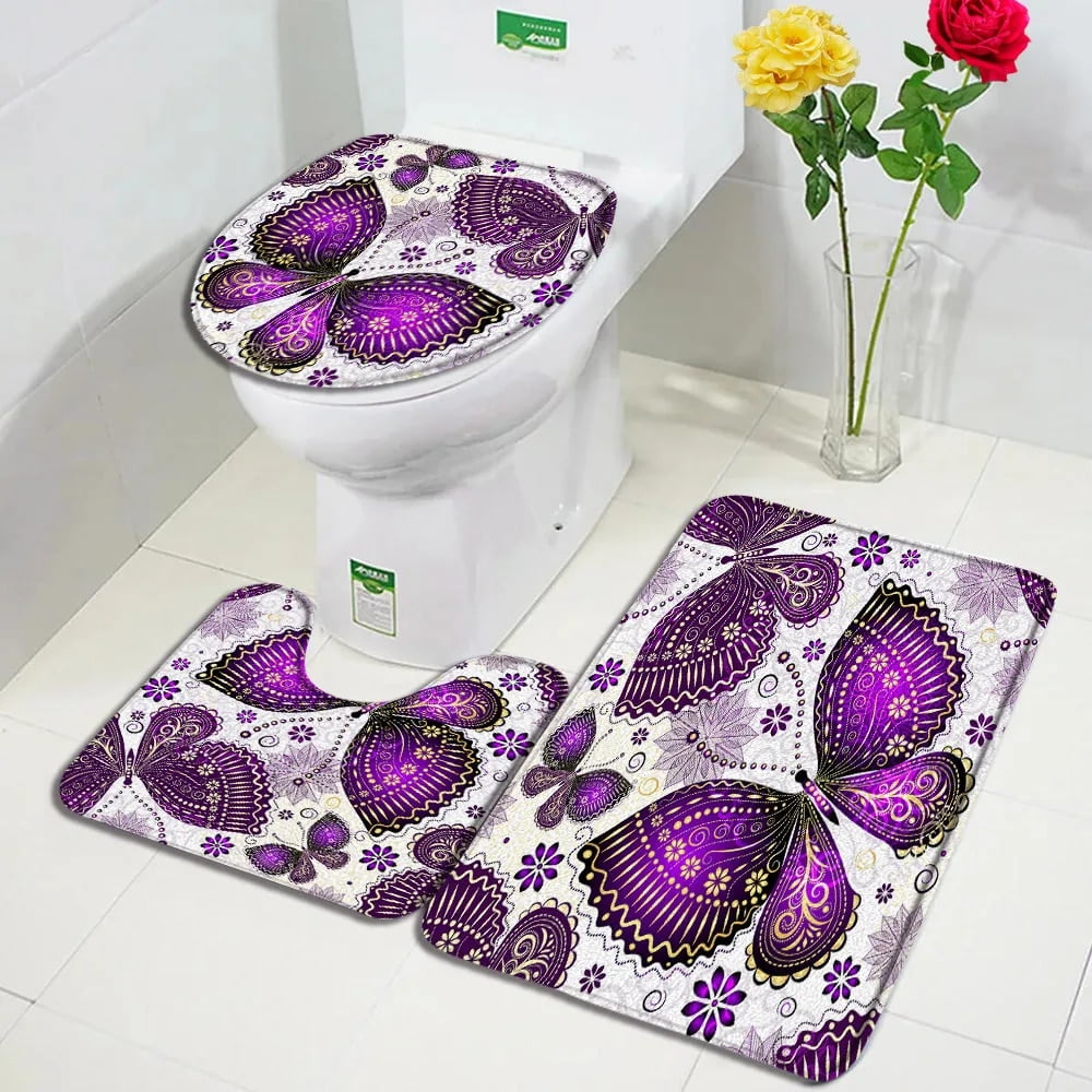 Blue Butterfly Bath Mat Set Watercolour Flowers Plant Modern Home Floor ...