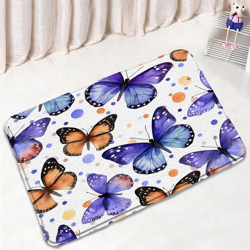 Blue Butterfly Bath Mat Set Watercolour Flowers Plant Modern Home Floor ...