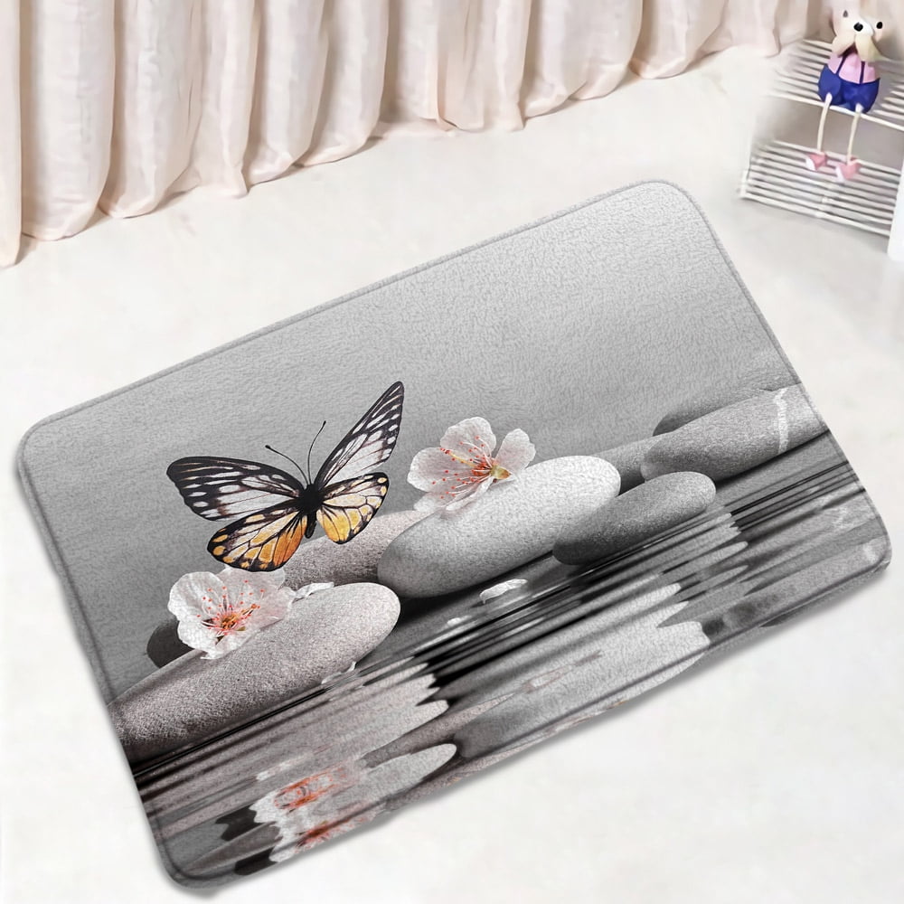 Blue Butterfly Bath Mat Set Watercolour Flowers Plant Modern Home Floor ...