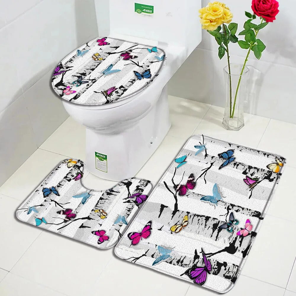 Blue Butterfly Bath Mat Set Watercolour Flowers Plant Modern Home Floor ...
