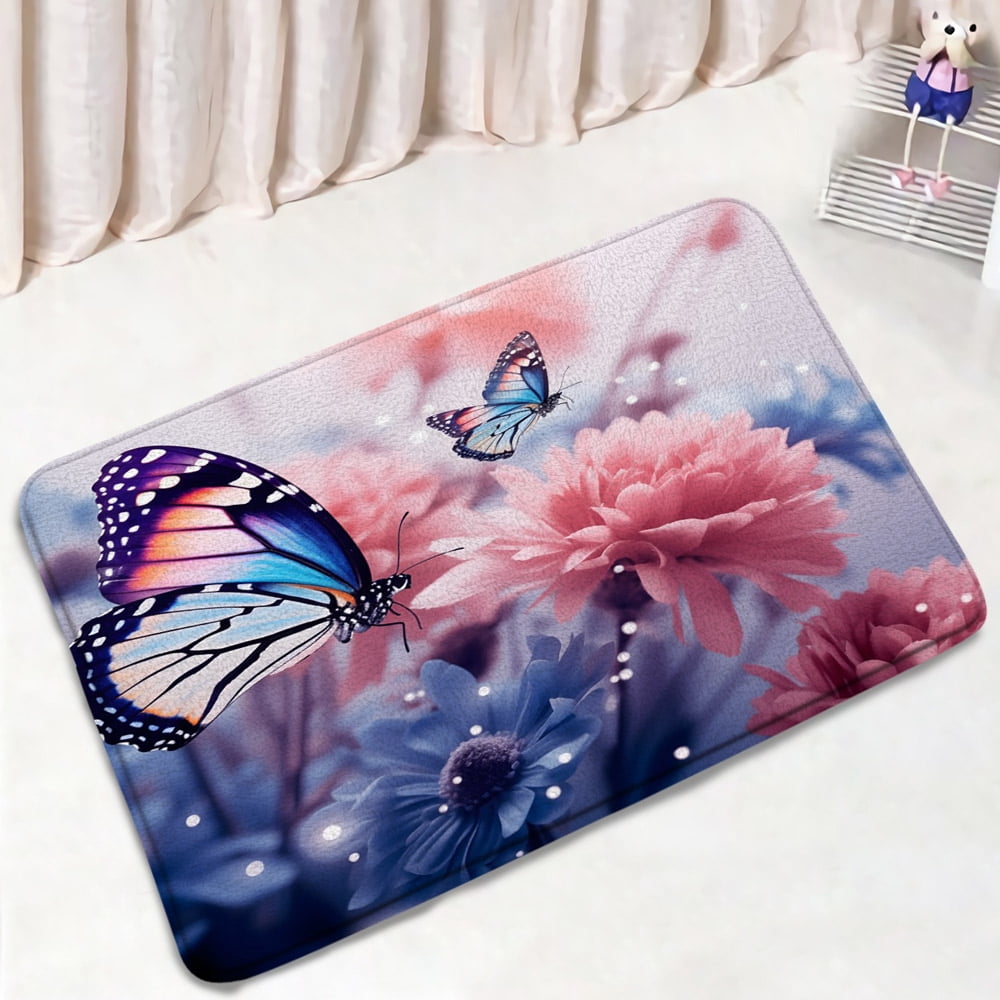 Blue Butterfly Bath Mat Set Watercolour Flowers Plant Modern Home Floor ...