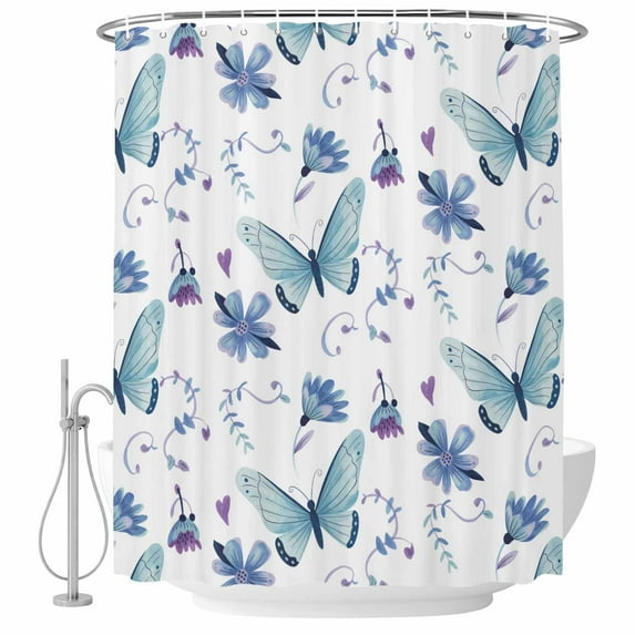 Blue Butterfly Bathroom Shower Curtains with Hooks, Purple Flower ...