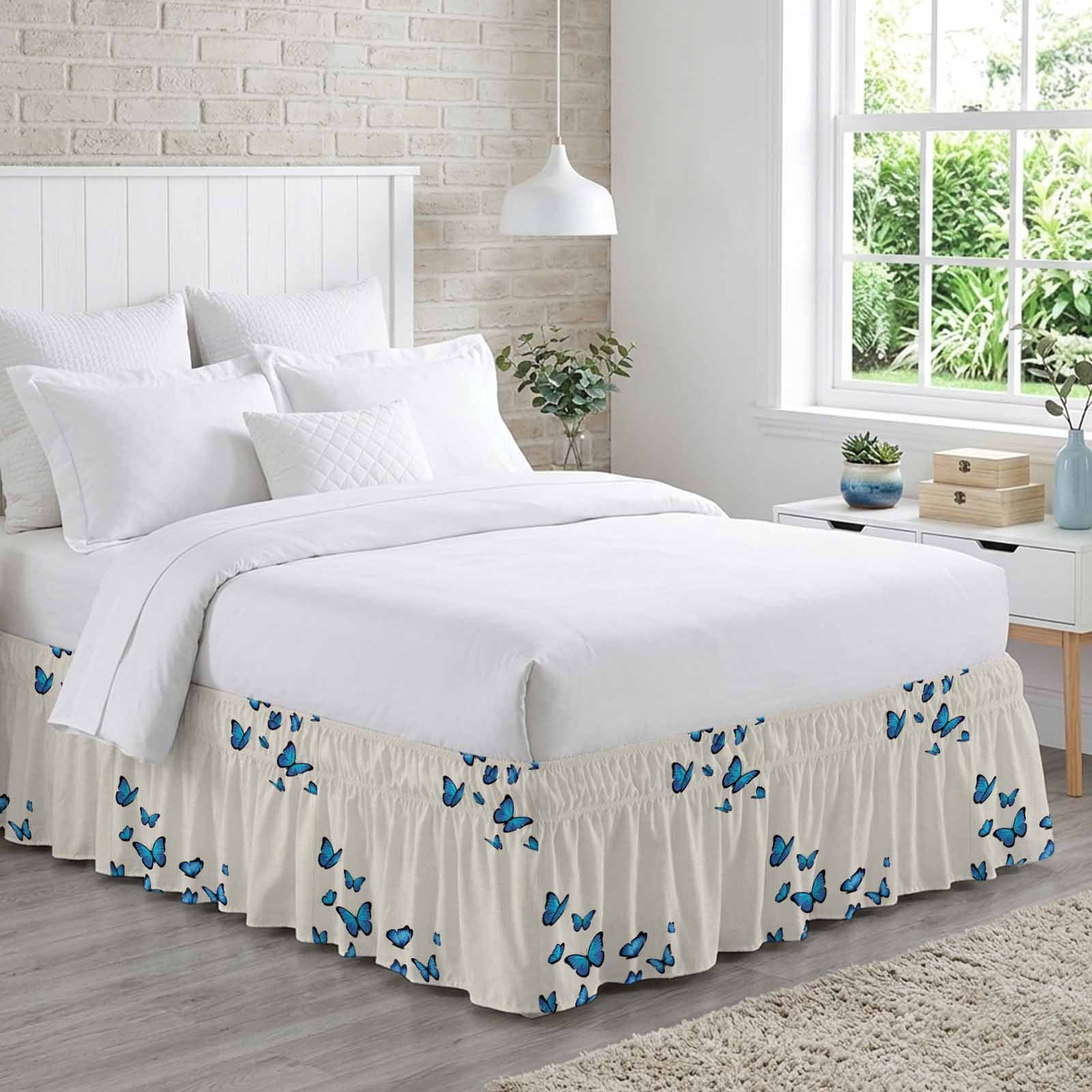 Blue Butterfly Bed Skirt Queen Size 18 Inch Drop, Retro Farmhouse ...