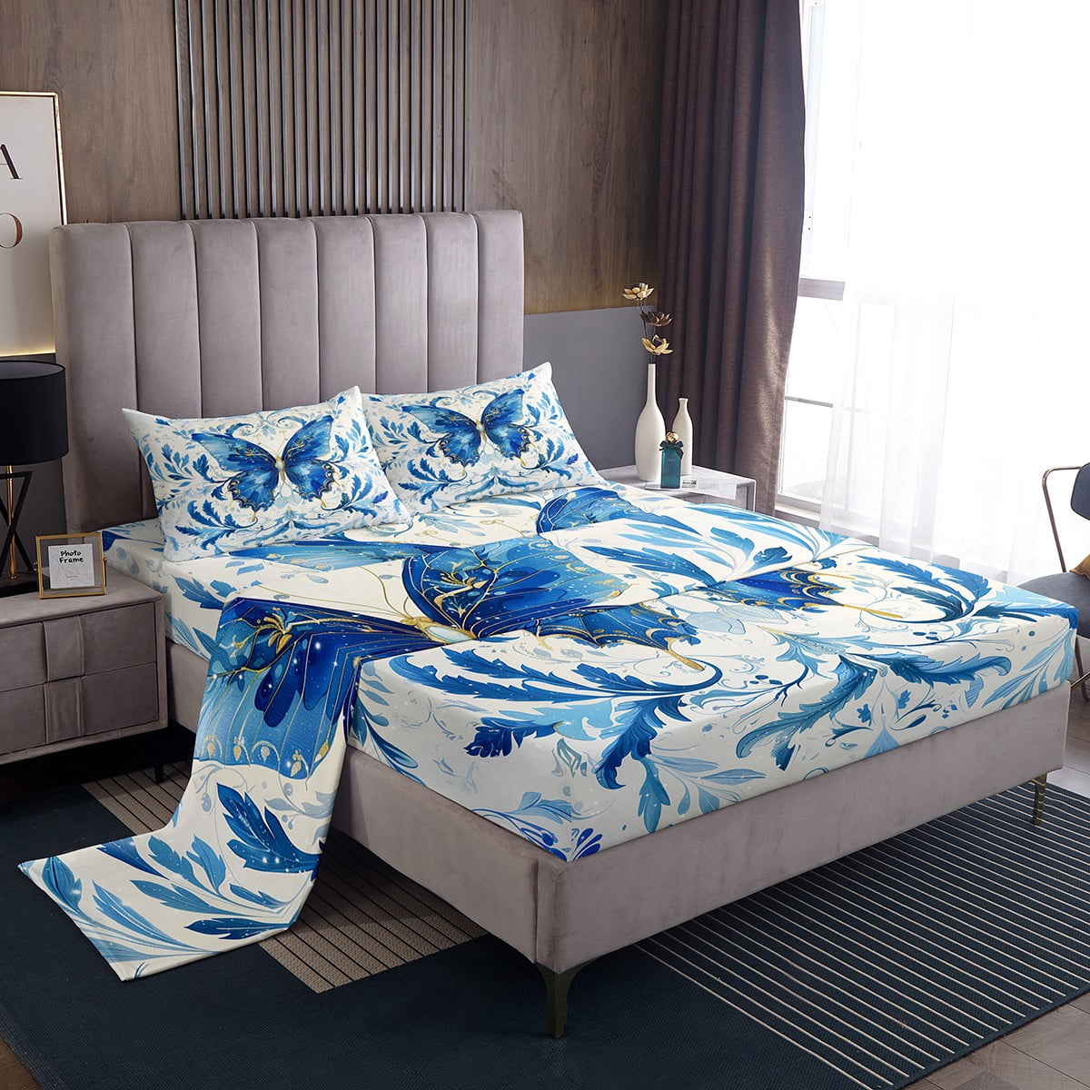 Blue Butterfly Bed Sheets Set Flying Butterflies Queen Sheet Set,Rustic ...