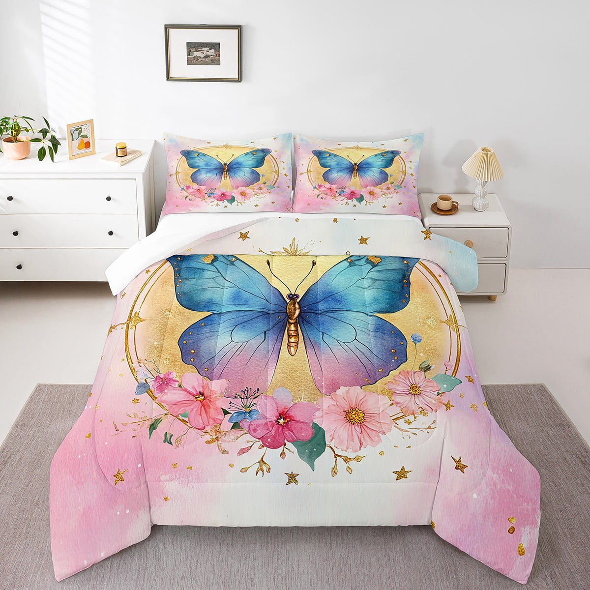 Blue Butterfly Bedding Queen Butterfly Comforter Set for Girls Pink ...