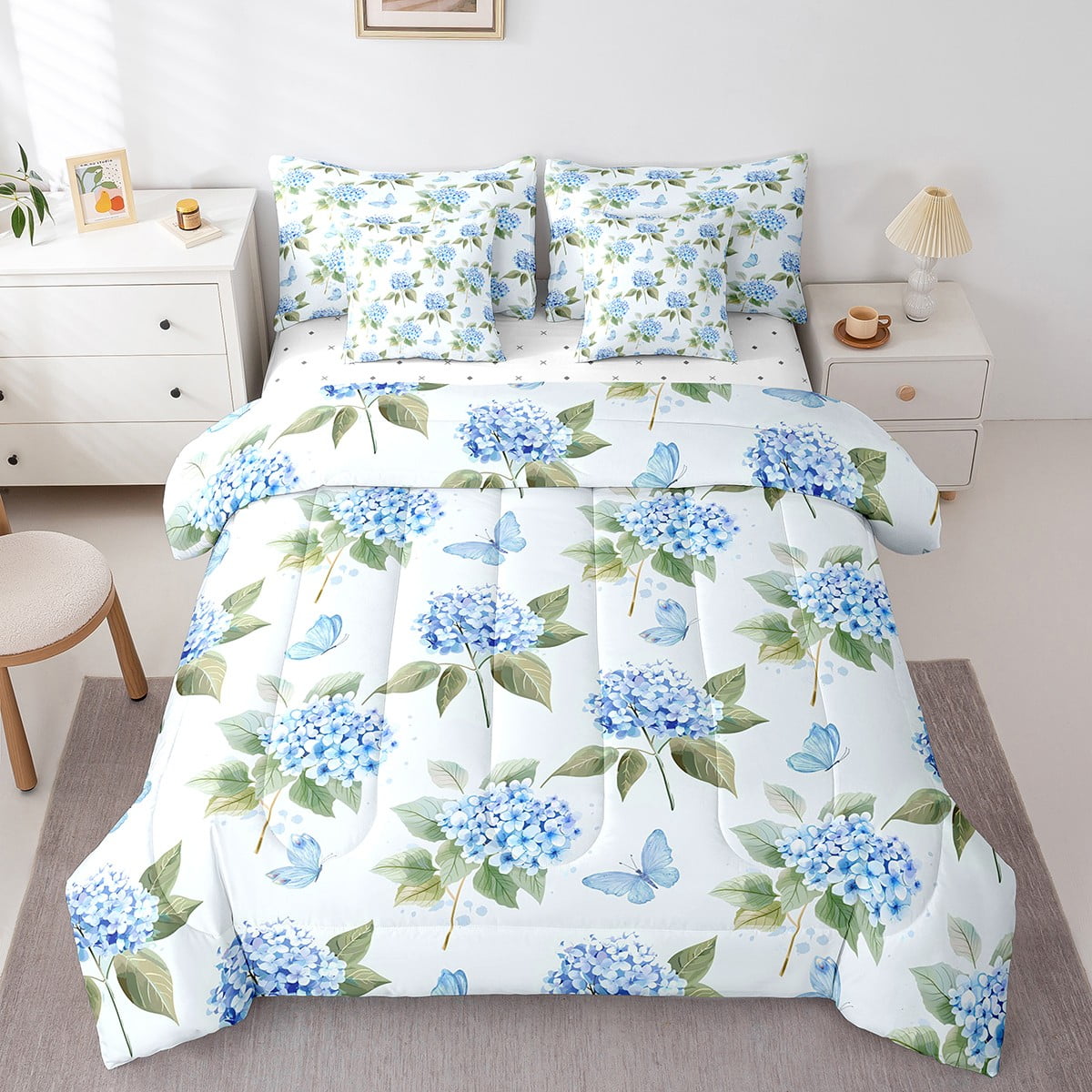 Blue Butterfly Bedding Queen Size 7pcs Chic Hydrangea Blossoms ...