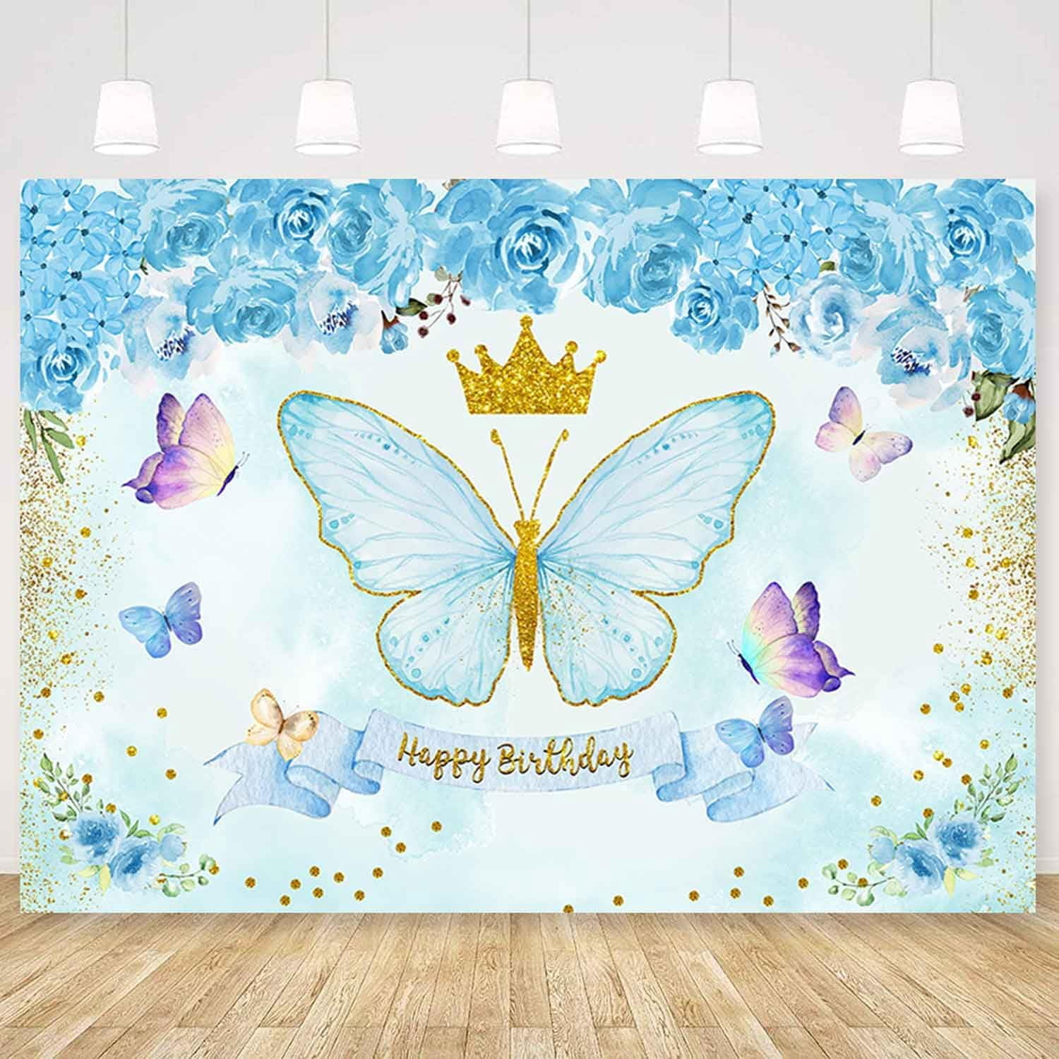 Blue Butterfly Birthday Backdrop Girls Light Blue Watercolor Flowers ...